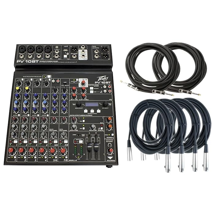 Peavey PV 10 BT 10 Channel Compact Mixing Mixer Console with Bluetooth + 2 1/4" & 4 XLR Cables ...