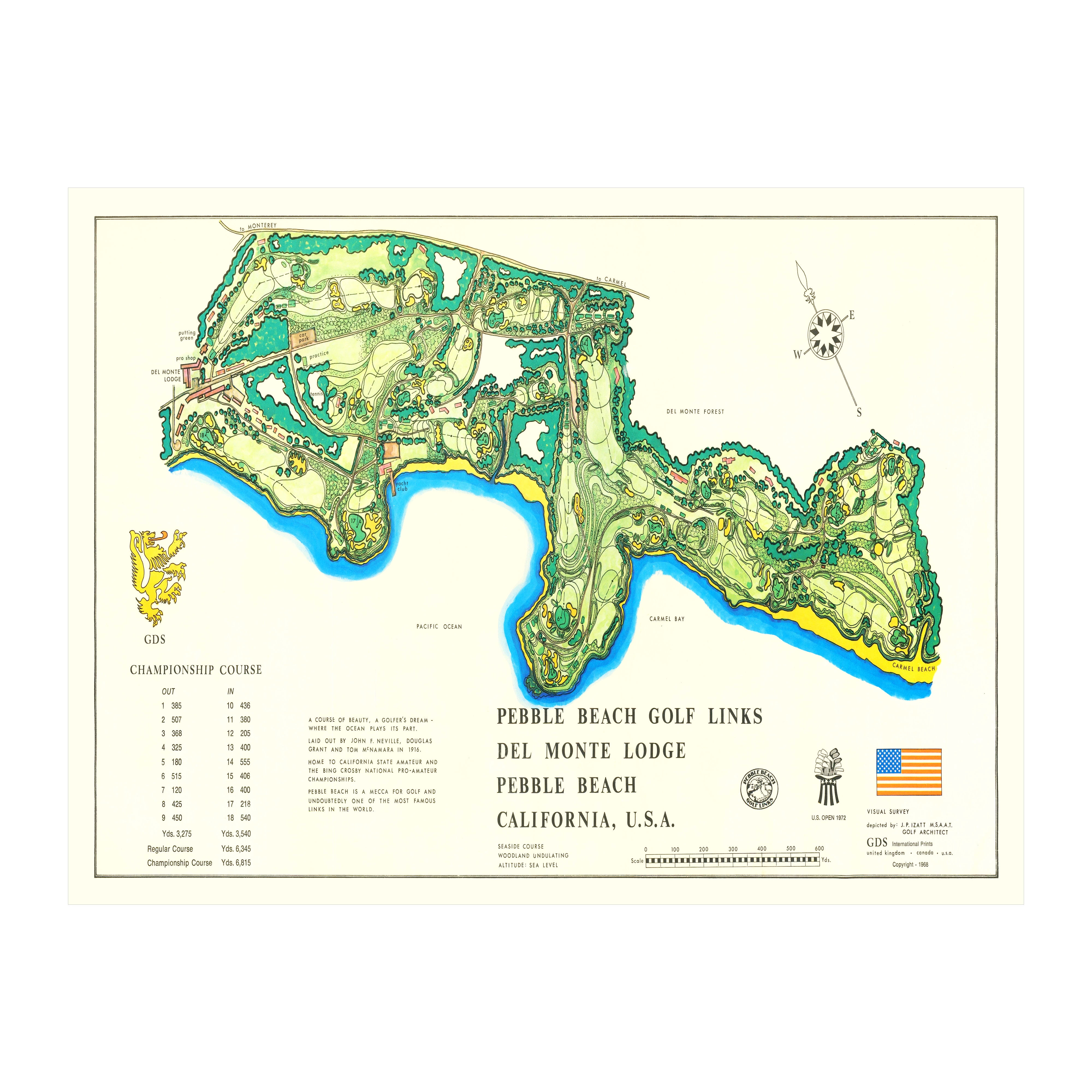 Pebble Beach Golf Links Art, 1968 Vintage Map of Pebble Beach Golf ...