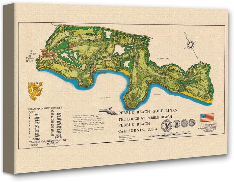 Pebble Beach Links California c1968 28x36 Vintage Golf Course Map ...