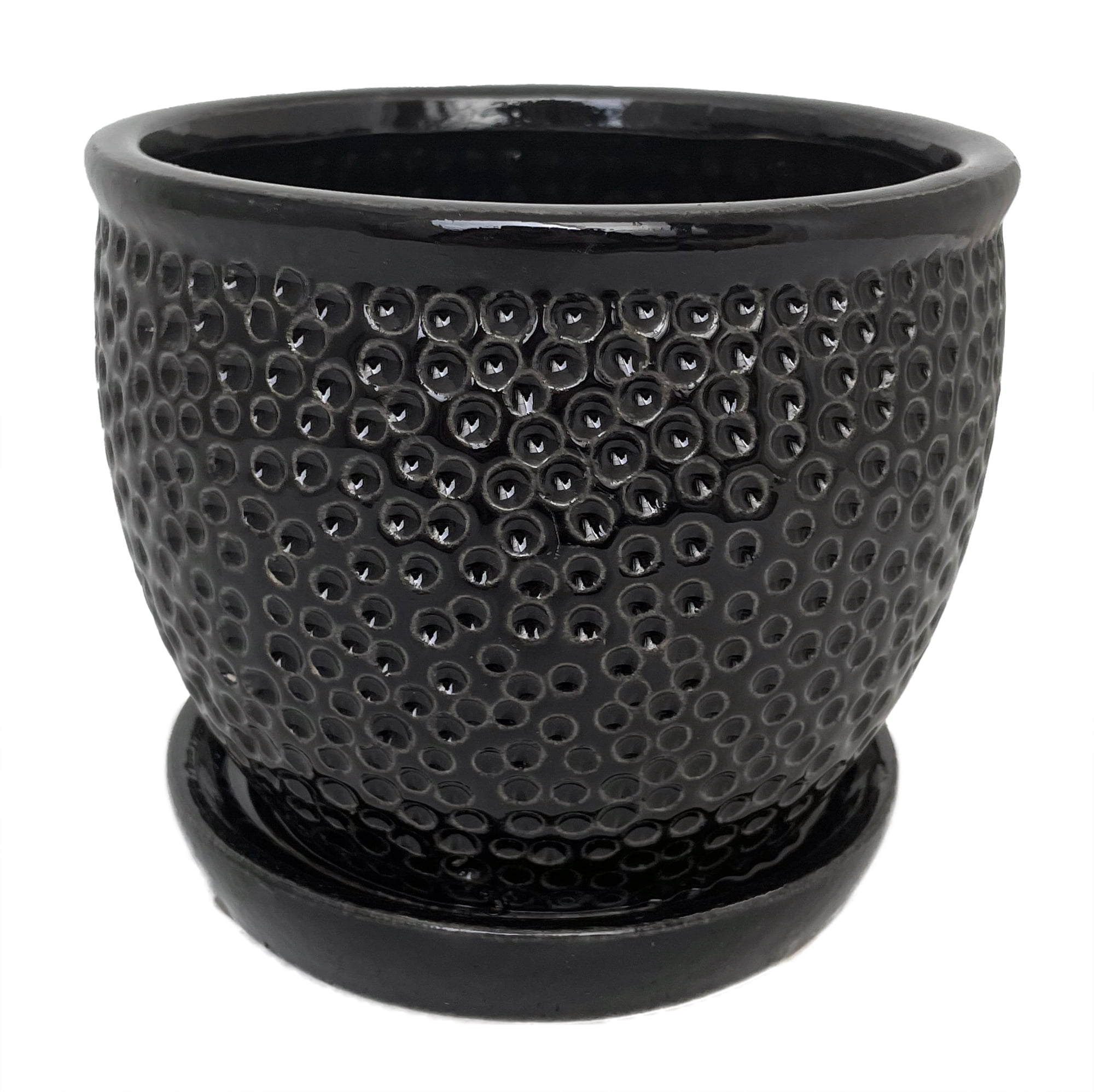Pebble Black Ceramic Pot with Attached Saucer - 5.5" x 4.75" - Walmart.com