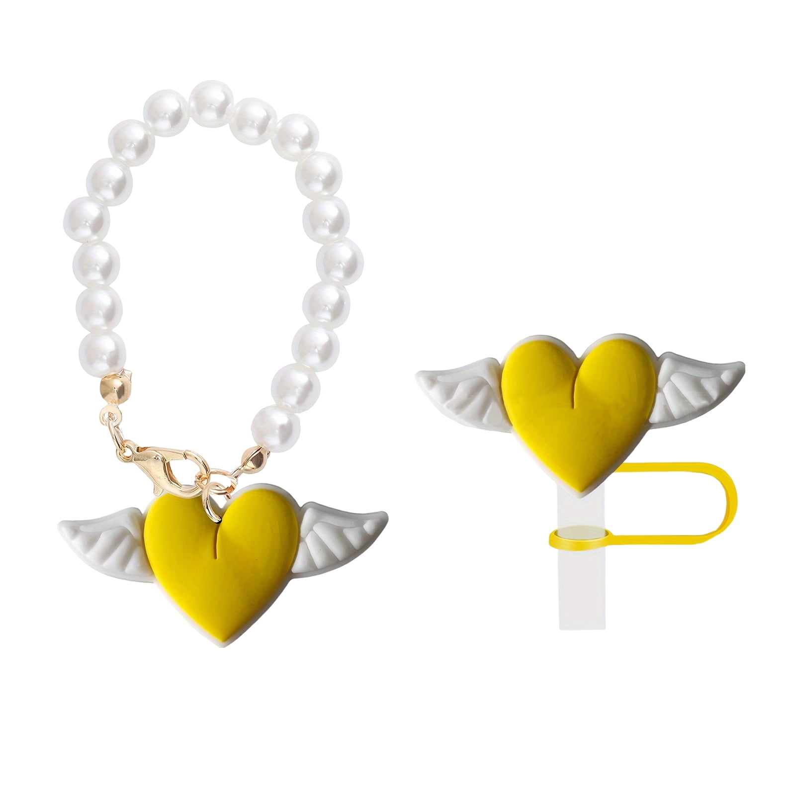 Pebbuoy 1 Set Tumbler Straw Cover Faux Pearl Chain Love Heart Wing ...
