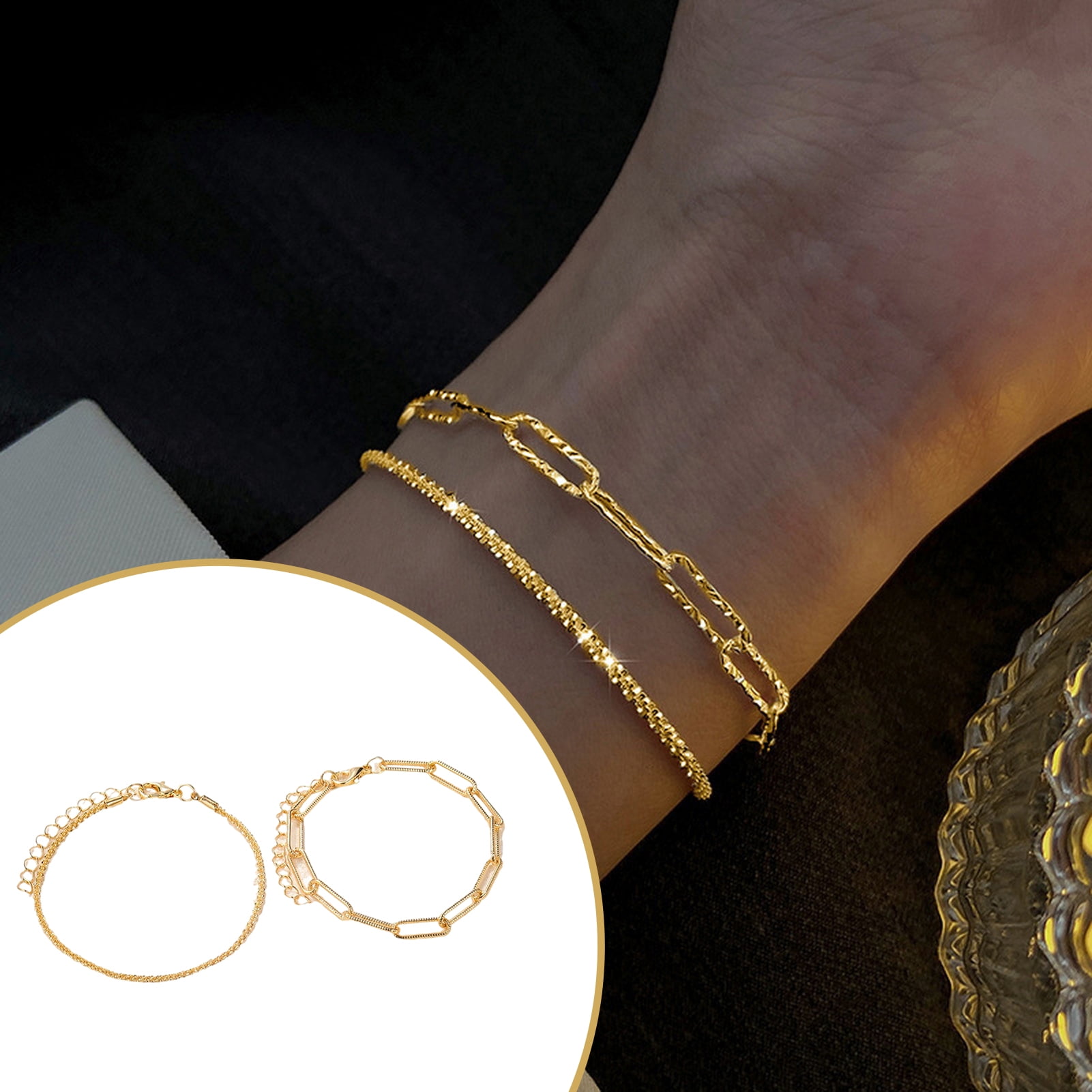 Pebbuoy 2 Pcs Women Bracelet Set Adjustable Length Hollow Out Chain ...