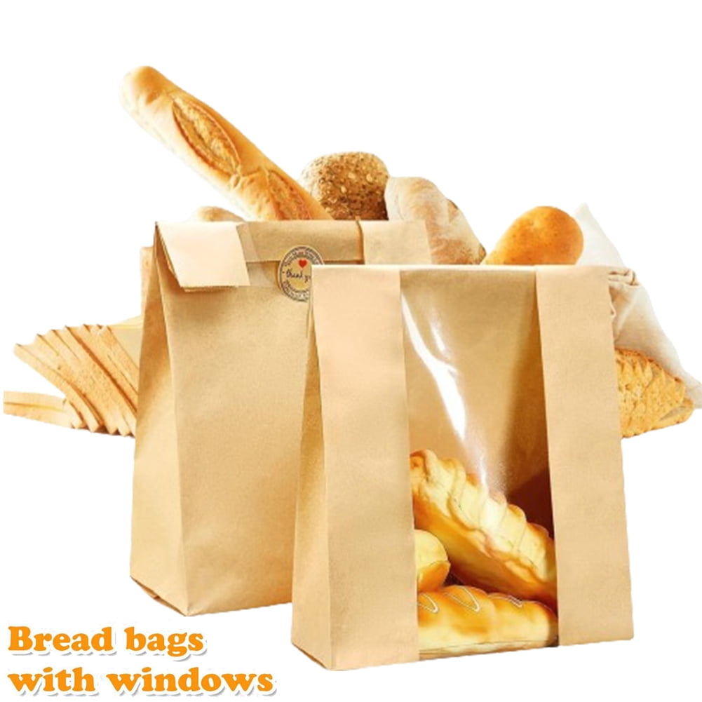 Pebbuoy 50 Pack Large Kraft Paper Bread Loaf Bag with Clear Front ...