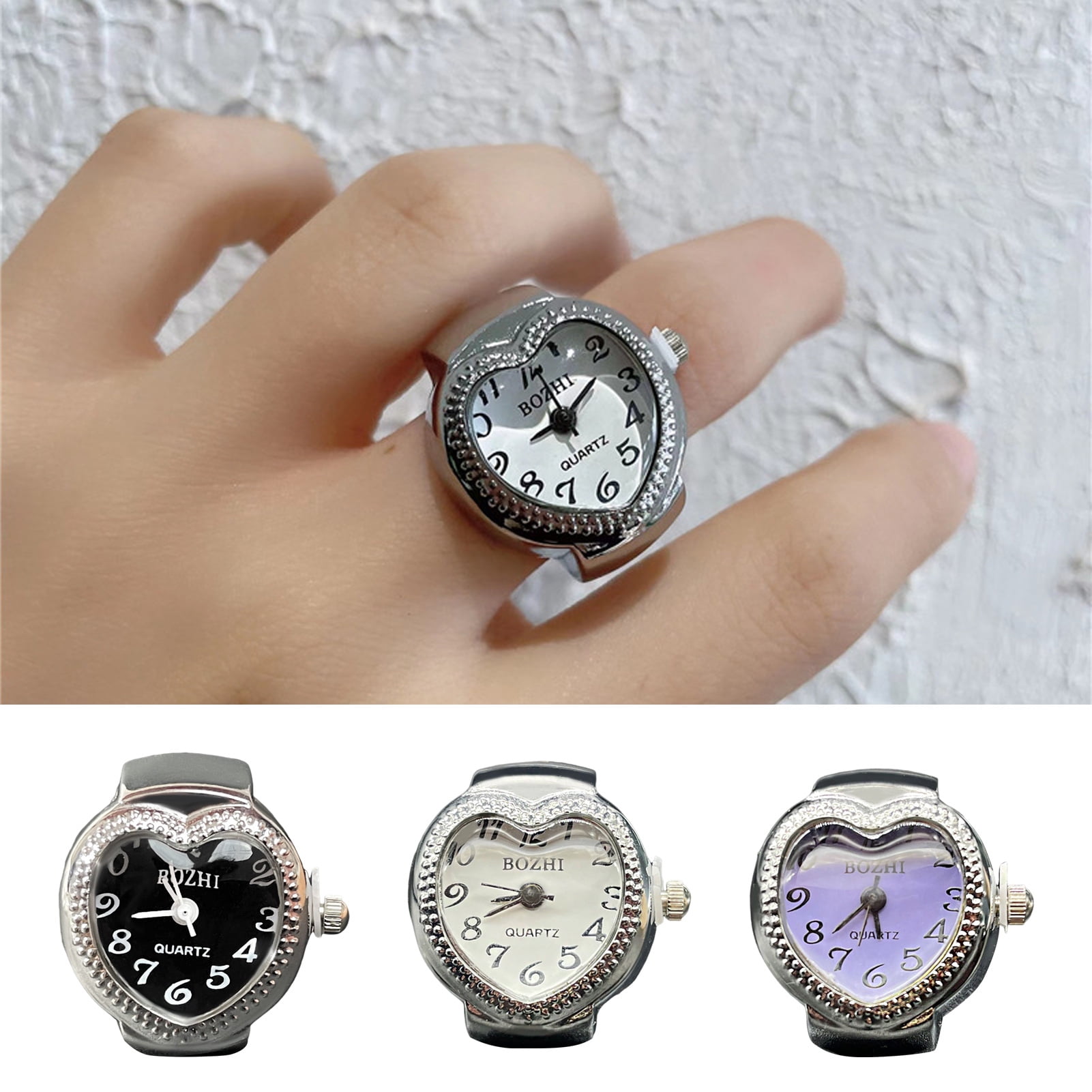 Pebbuoy Love Heart Dial Ring Watch Elastic Stainless Steel Band Men ...
