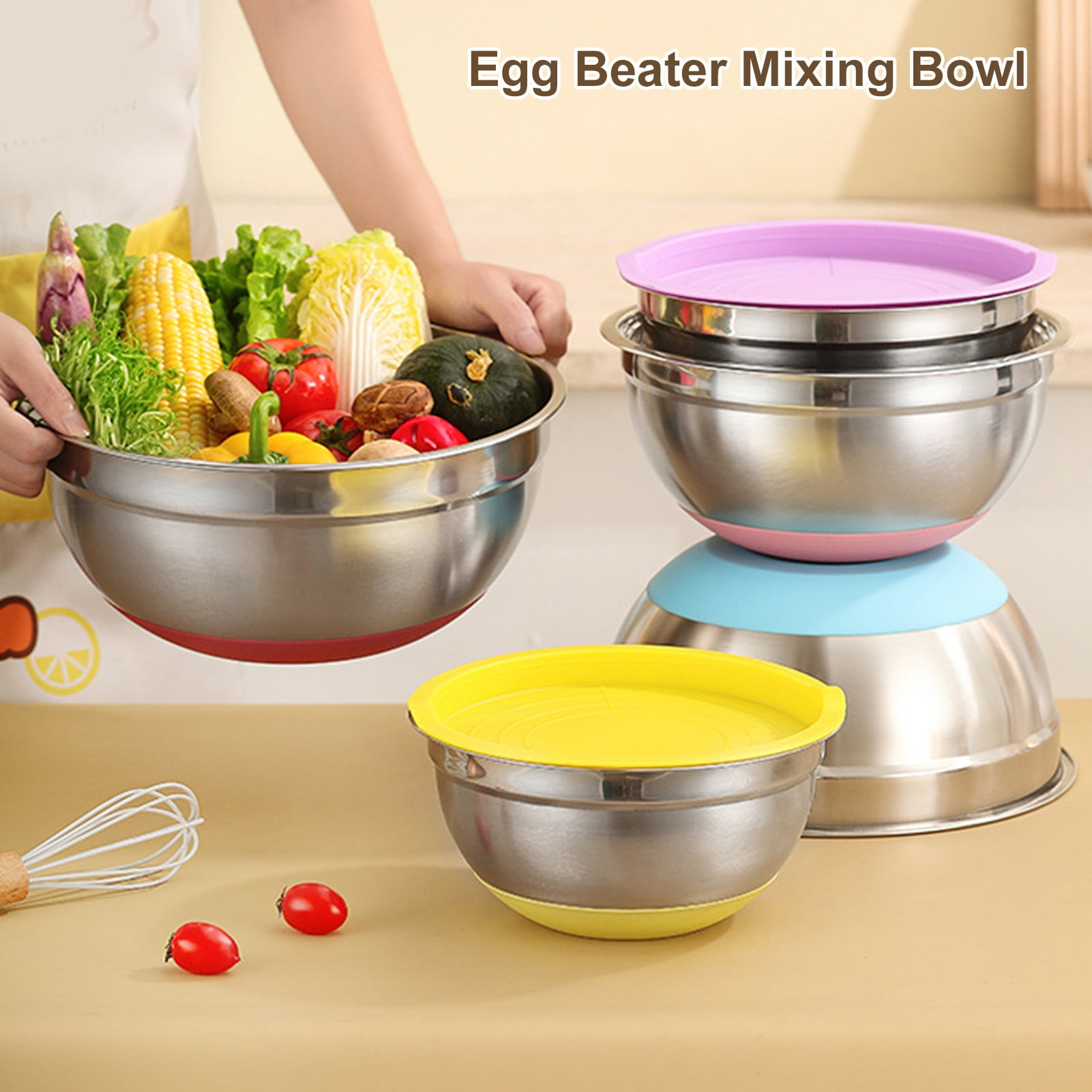 Pebbuoy Mixing Bowl with Lid Set Large Capacity Non-Slip Bottom ...
