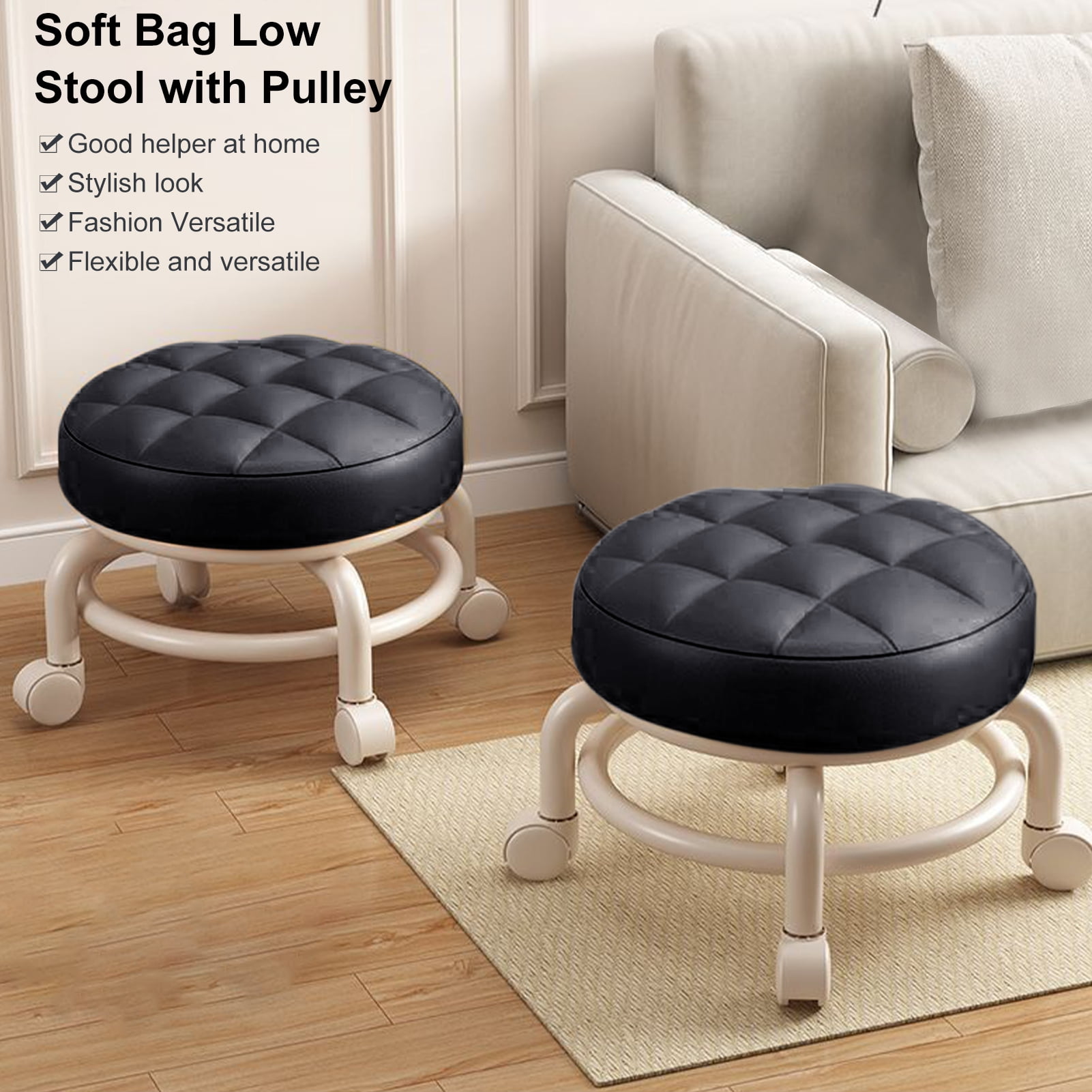 Pebbuoy Roller Seat 360 Degree Rotating Low Stool with Wheel Chair PU ...