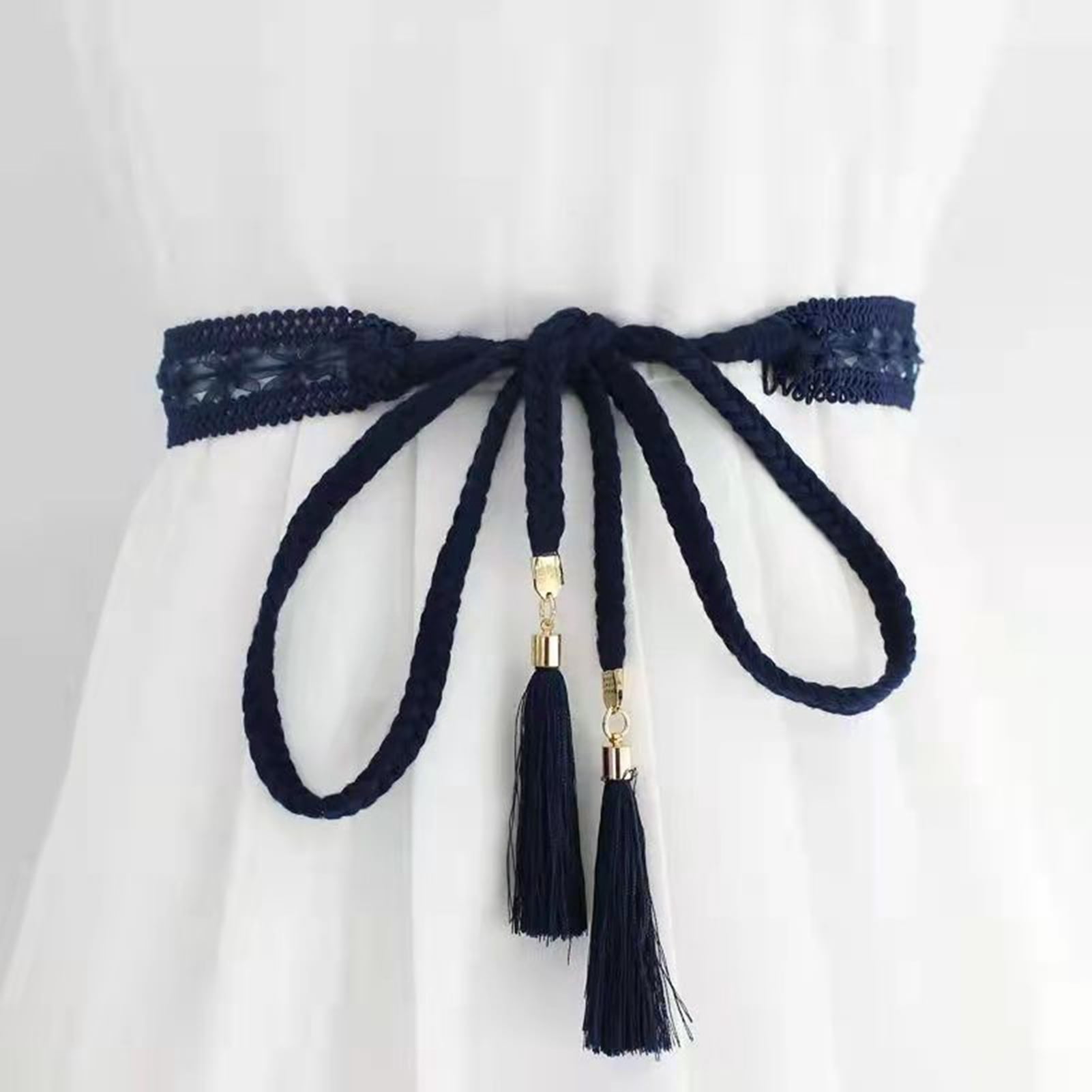 Pebbuoy Women Belt Braided Lace Decorated Tassel End Waistband Waist ...