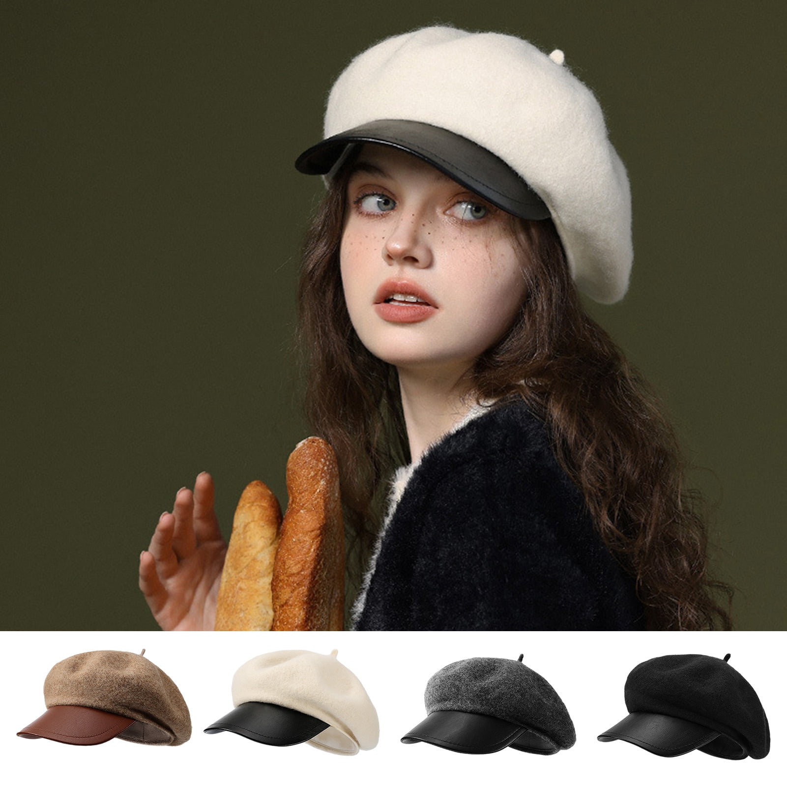 Pebbuoy Women Beret Newsboy Hat Vintage Warm Woolen Octagonal Hat ...
