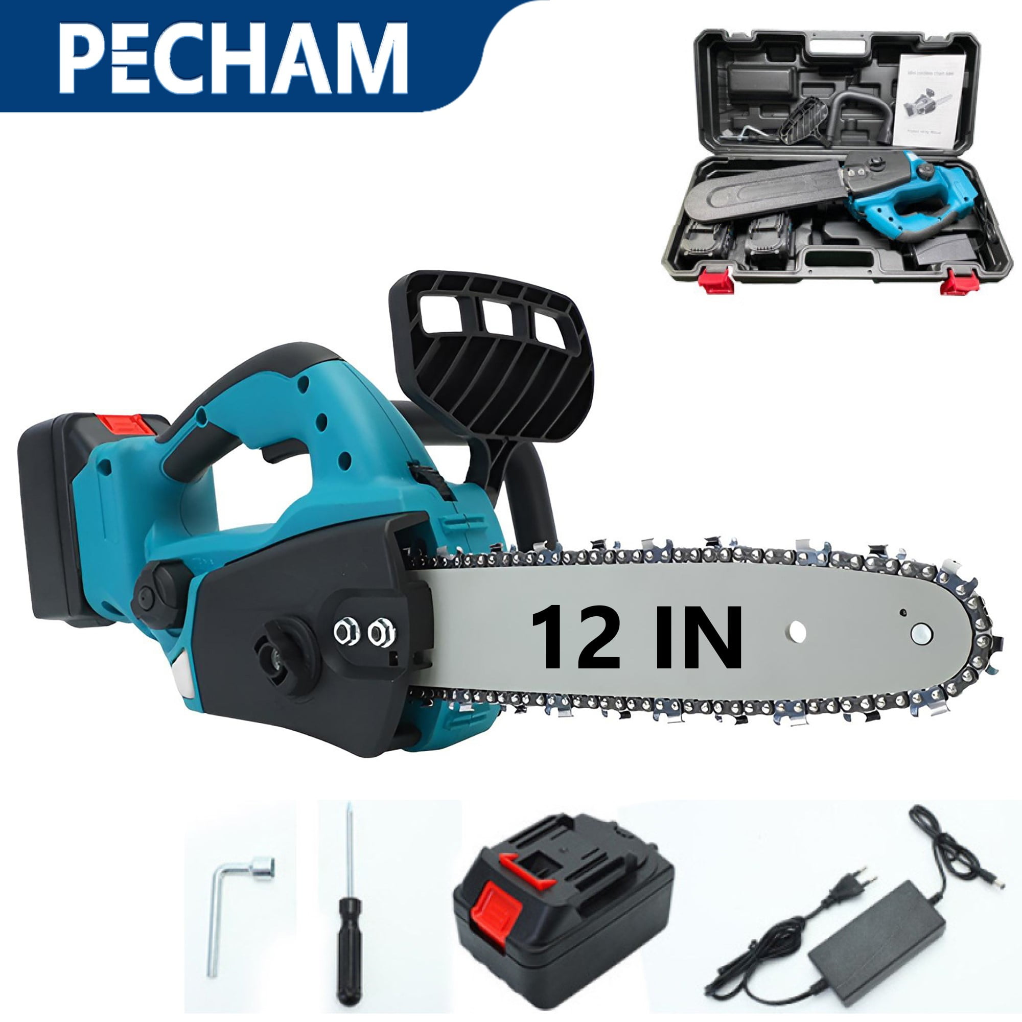 Pecham 12Inch Cordless Chainsaw, 21V 4000mAh Handheld Electric Chainsaw, Cordless Brushless ...
