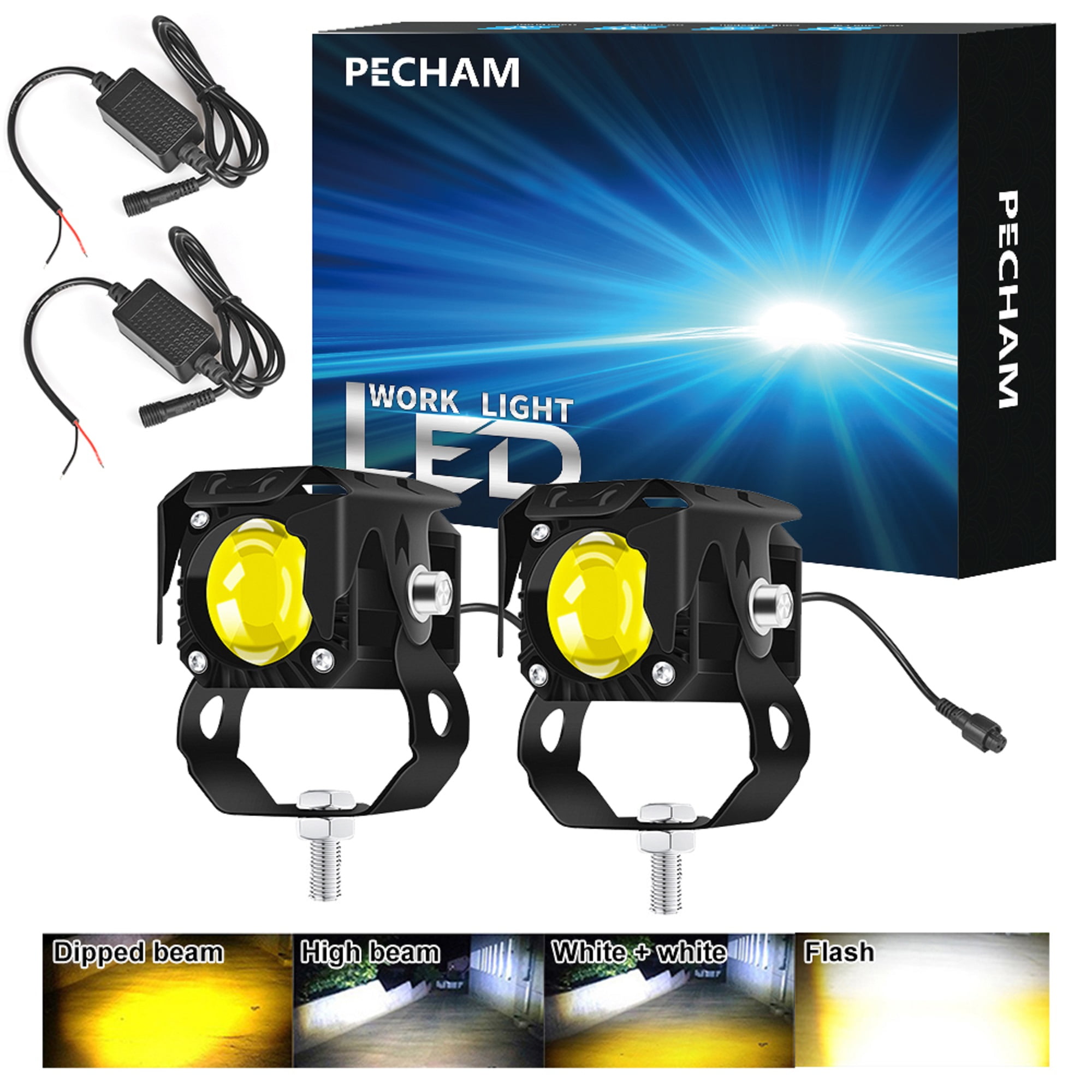 Pecham 2Pcs LED Motorcycle Headlight, Yellow White Dual Color Hi/Lo ...