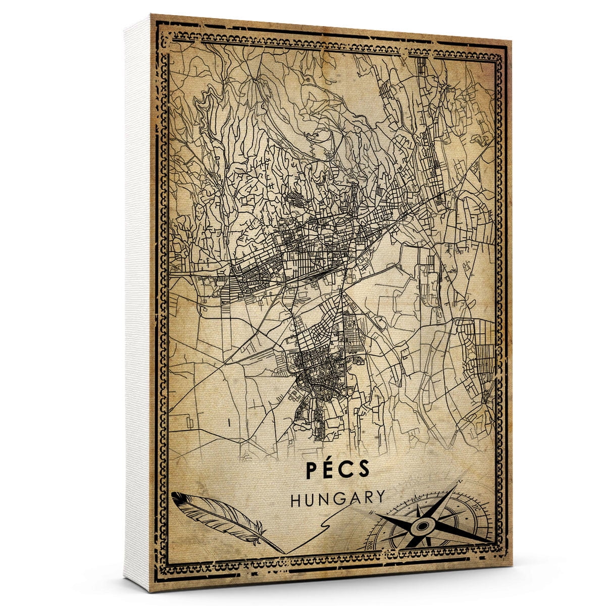 Pecs Vintage Map Prints Canvas, Hungary Map Art Canvas, Canvas, Pecs ...