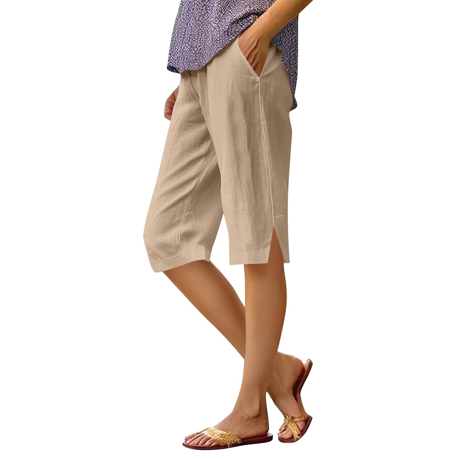 Pedal Pushers for Women Dressy Casual Linen Capri Pants Knee Length ...