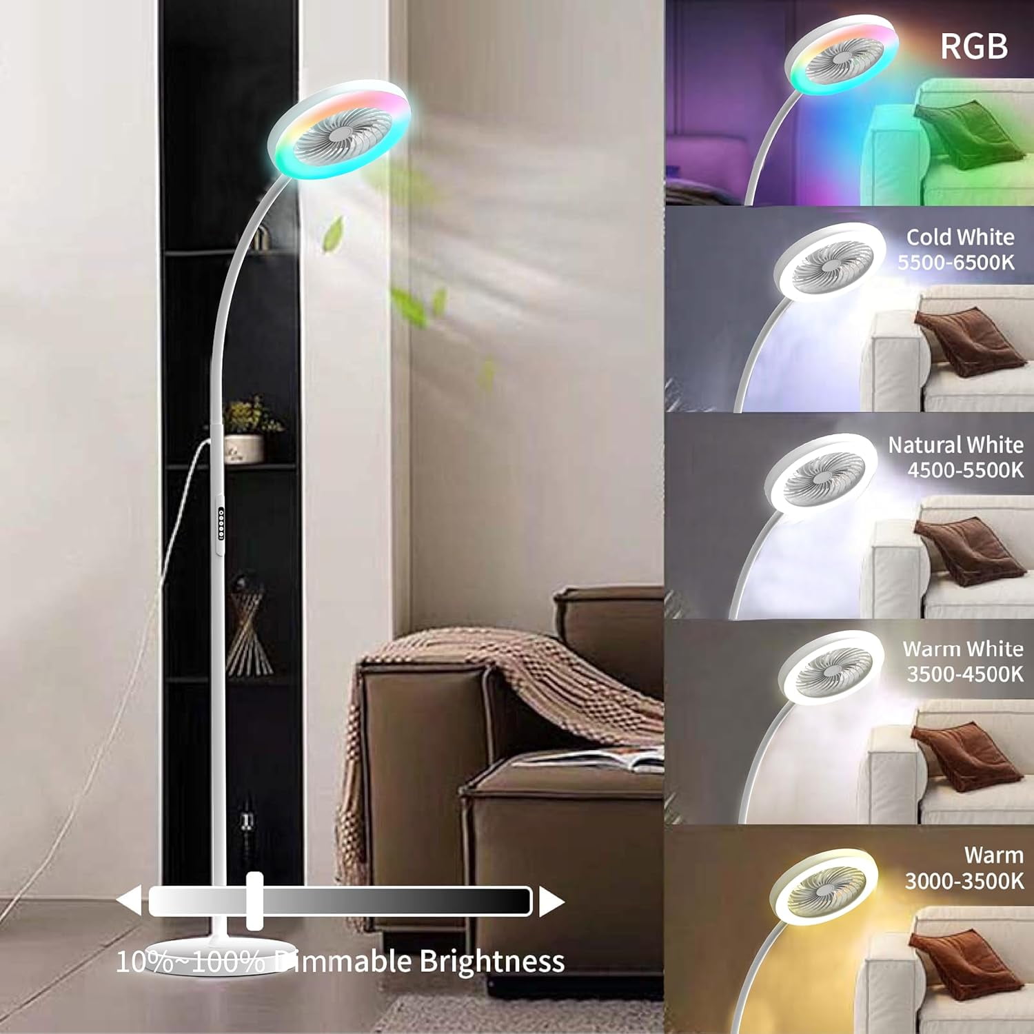 Pedestal Fan for Bedroom, Floor Lamp with Fan RGB 18W/1500LM, 3-Speed ...