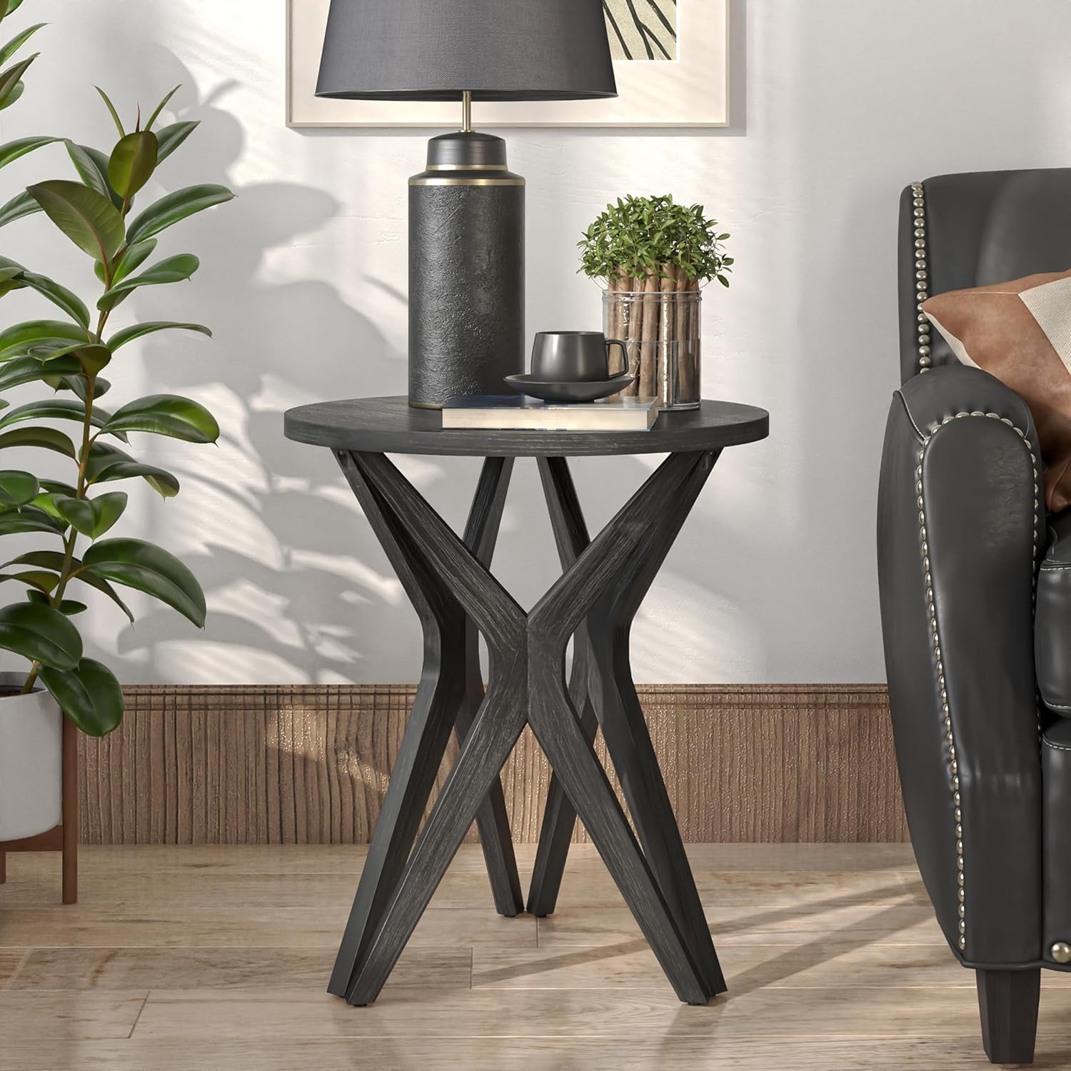 Pedestal Farmhouse End Table, Disrtessed Black Top with Tripod Base for ...