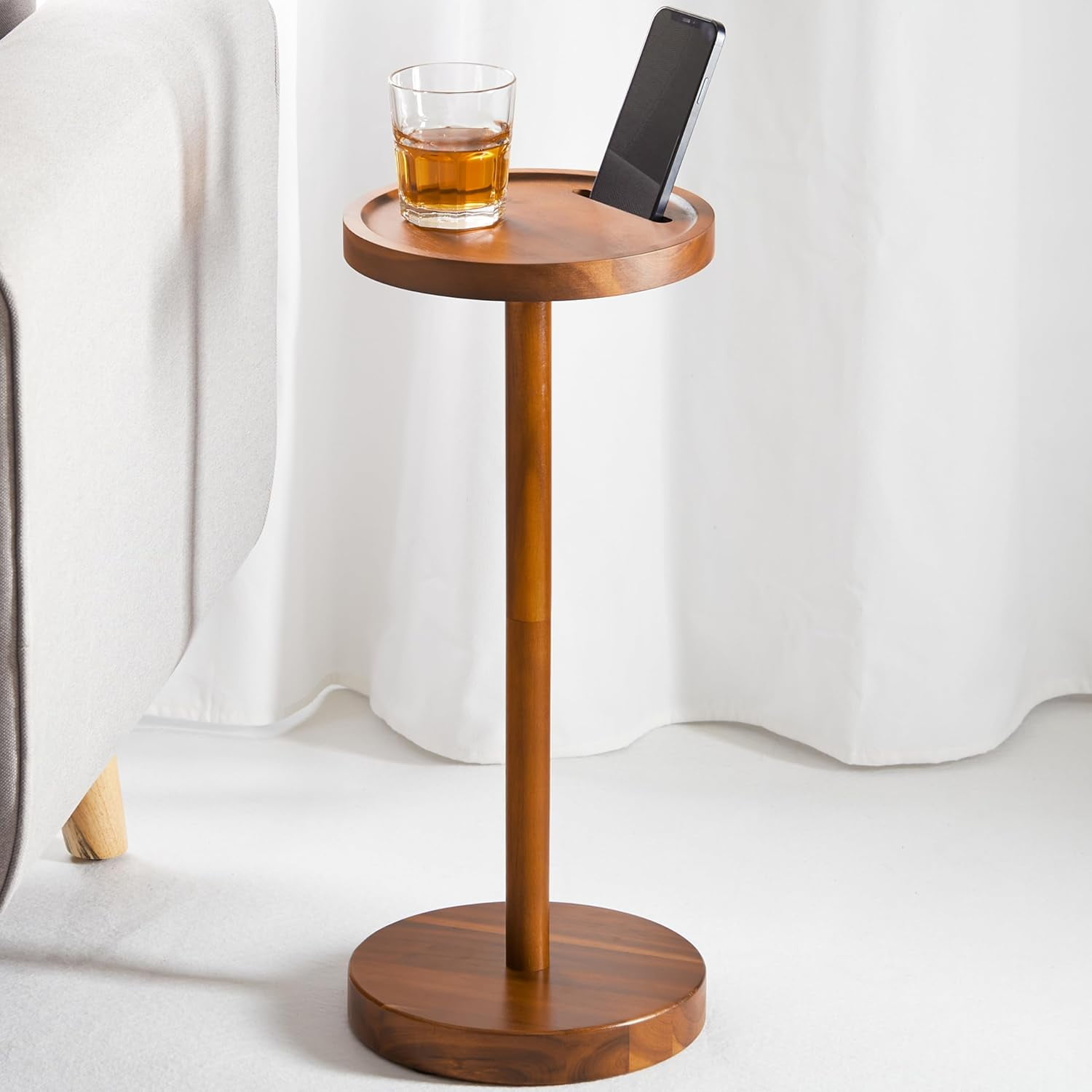 Pedestal Side Table, Acacia Weighted Base Drink Table, Small Round Side ...