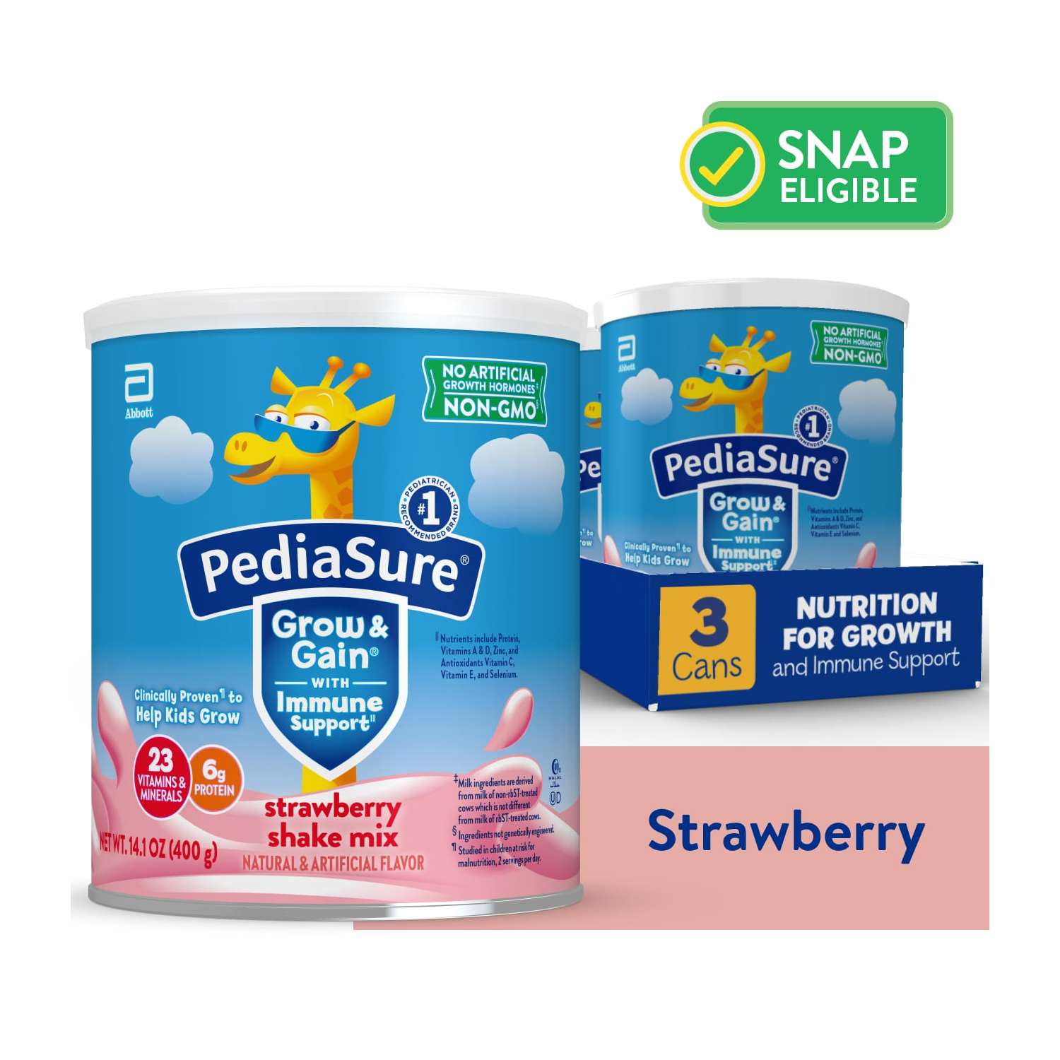 PediaSure Grow & Gain Shake Mix Powder, Strawberry, 14.1 oz Can, 24 ...