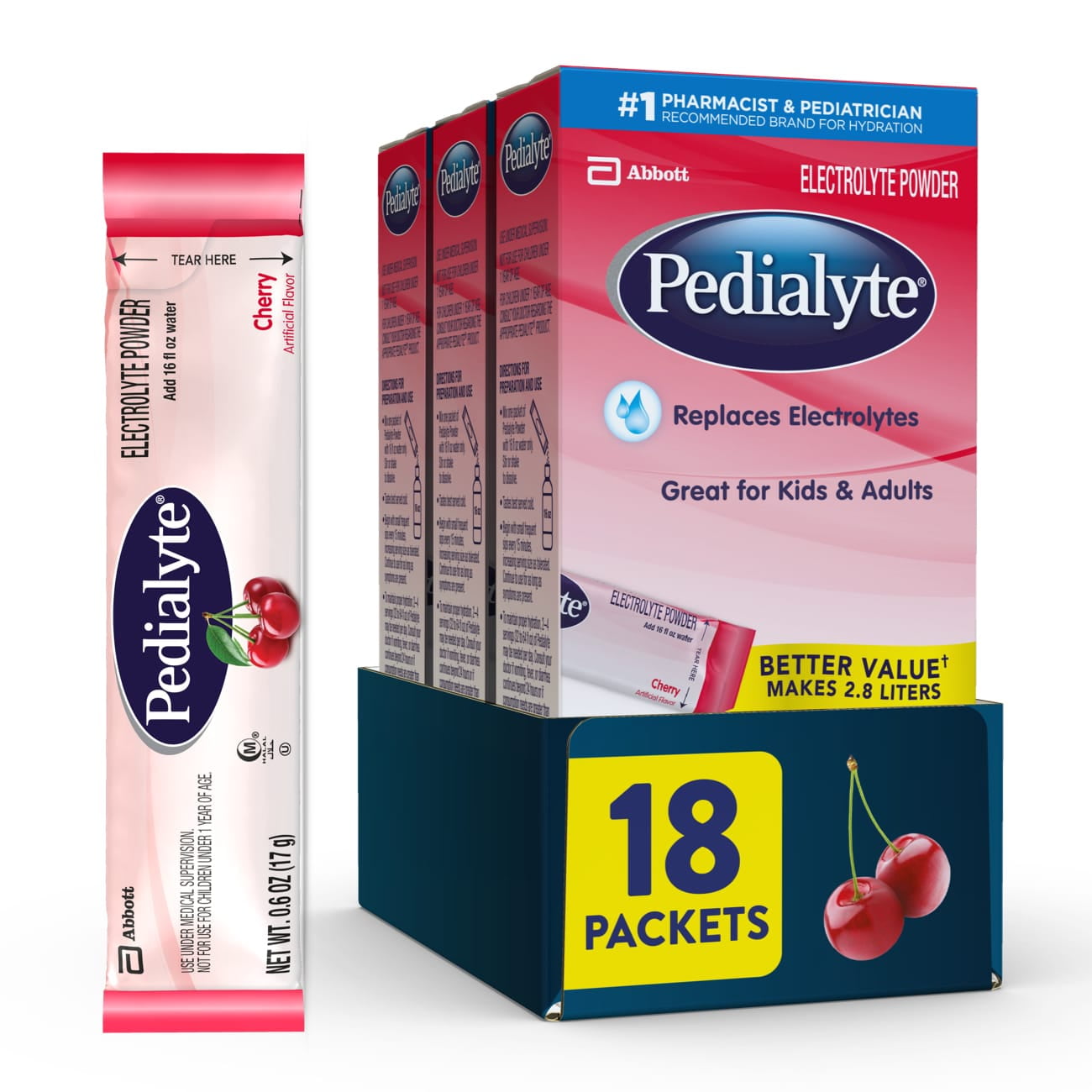 Pedialyte Electrolyte Powder Packets, Cherry, Hydration Drink, 18 ...