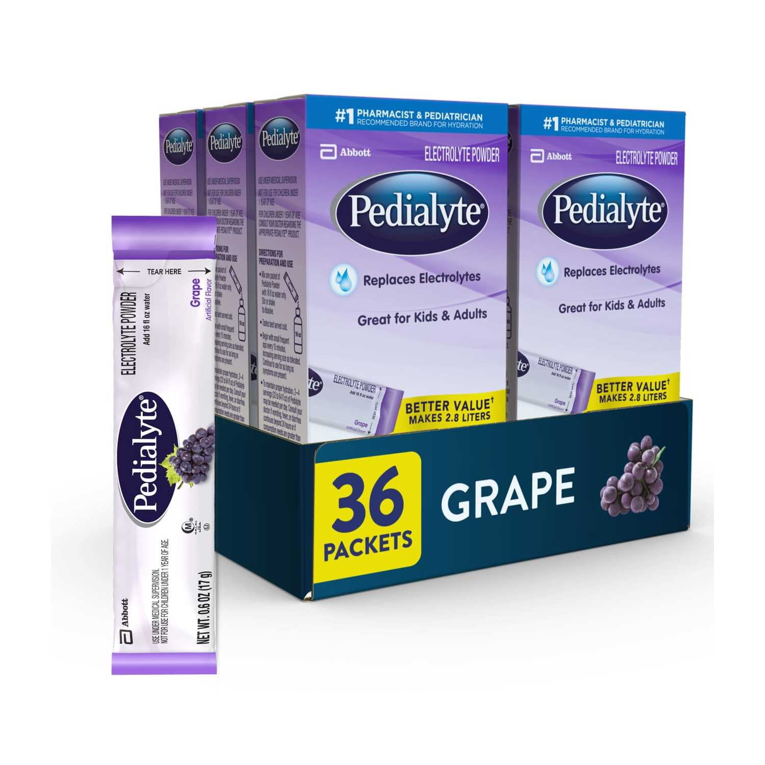 Pedialyte Electrolyte Powder Packets, Grape, Powder Packets, 36 Count ...