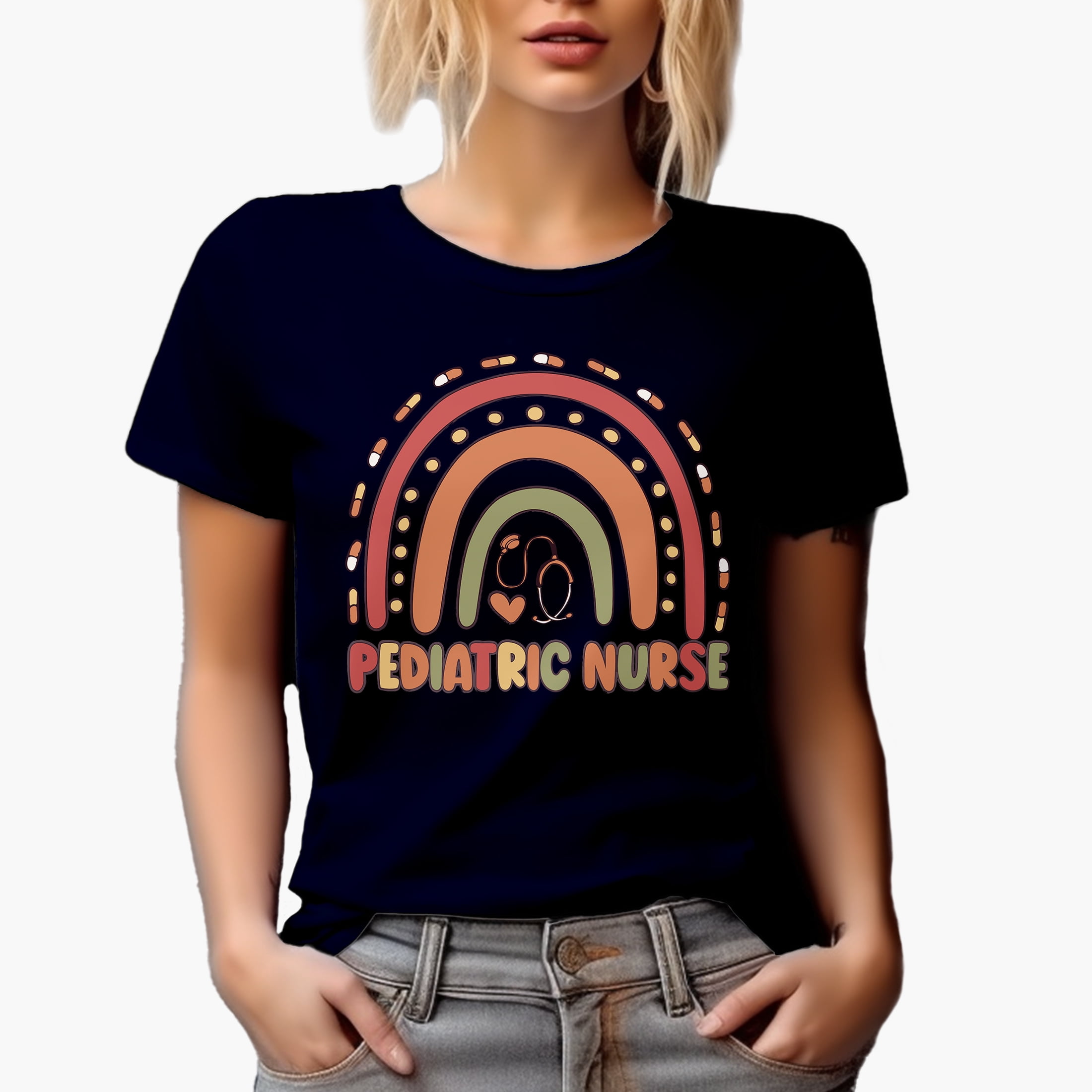 Pediatric Nurse with Boho Rainbow & Pills Art, Navy Blue T-Shirt, 2XL ...