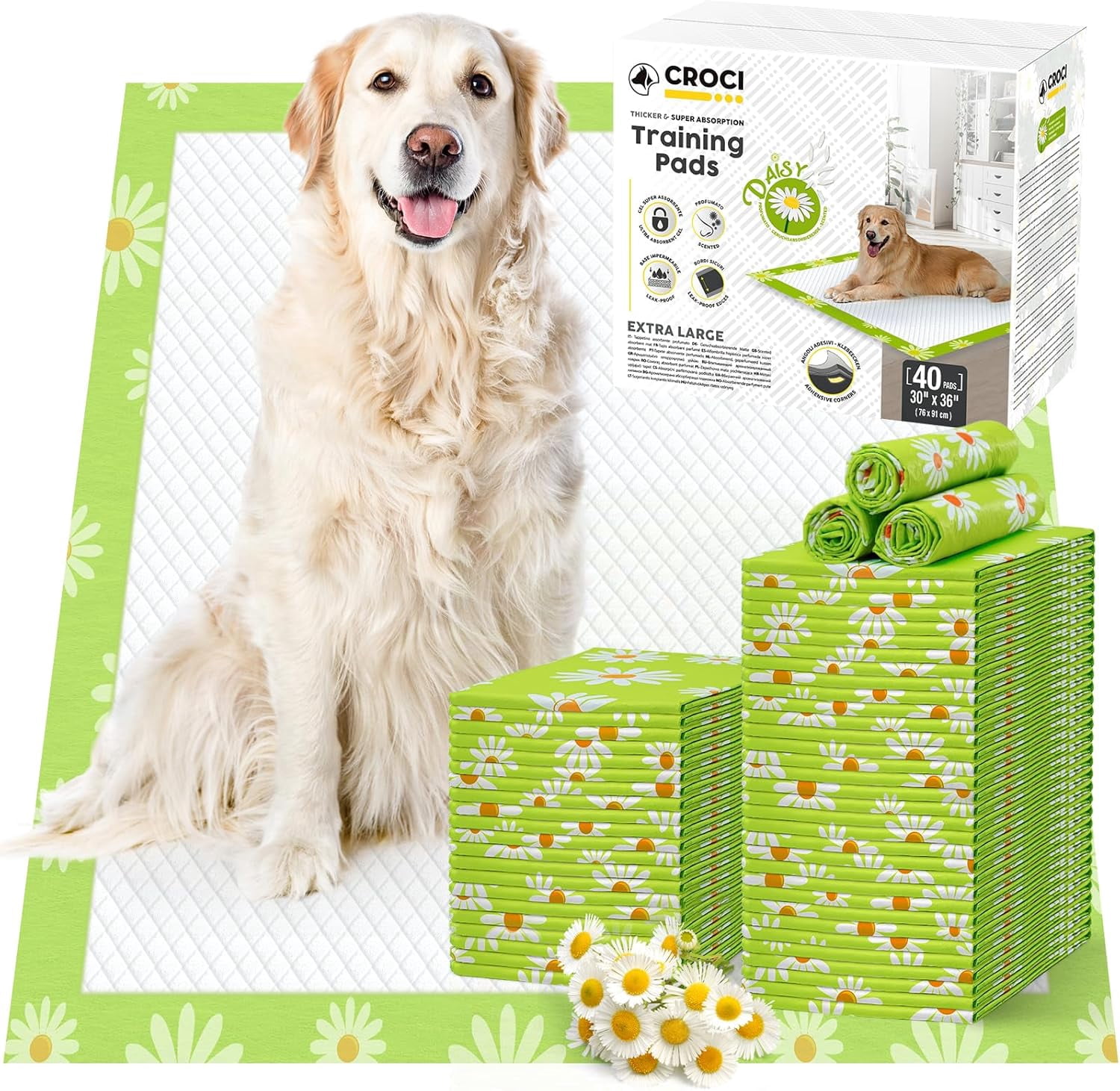 Pee Pads for Dogs 30x36in Daisy Pattern, Puppy Pads with Adhesive Tabs ...