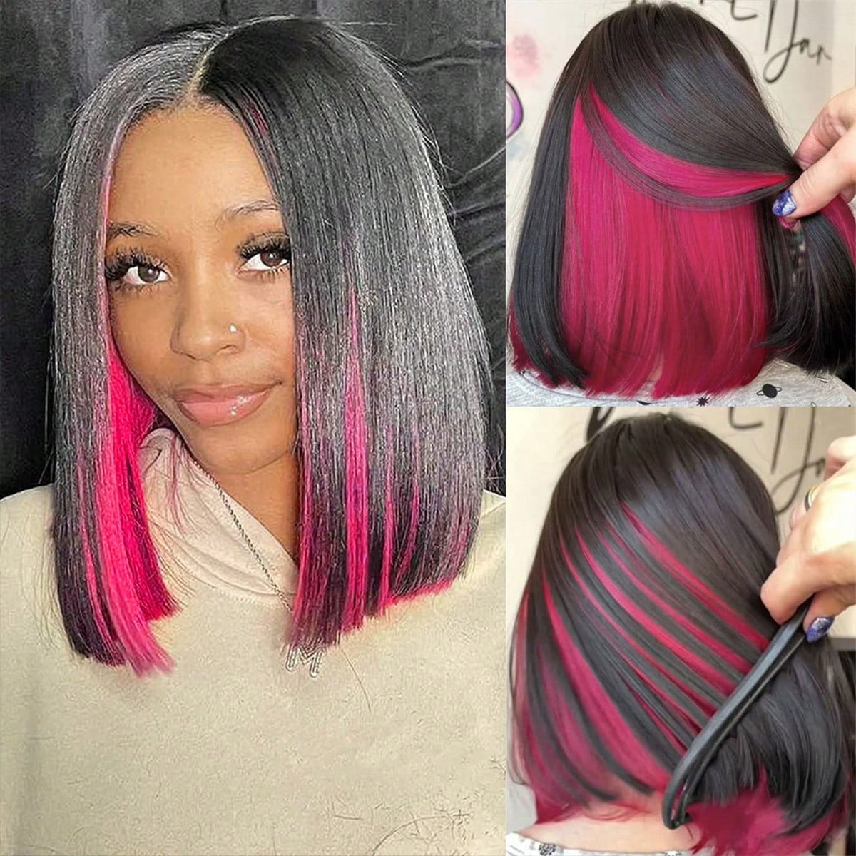 Peekaboo Bob Wig Short Straight Bob Wigs For Women Colorful Highlight Bob 4x4 Lace Closure Wig ...