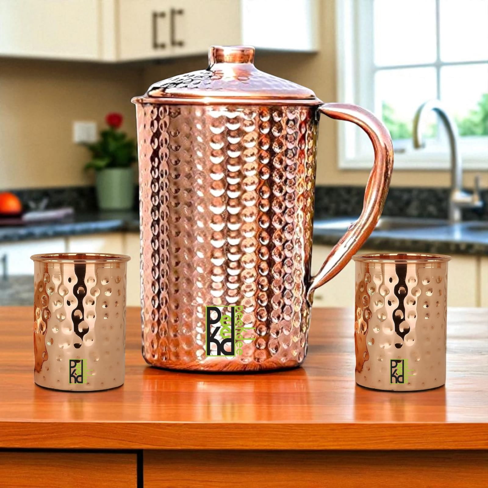 Peekdee Copper Hammered 1.5 Liter Jug with 2 Glass Ayurveda Health ...