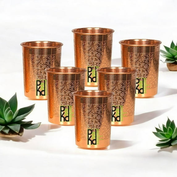 Peekdee Emboss Copper Tumbler Set of 6 – 300 ml (10.14 oz) | Pure Copper Ayurvedic Drinking ...