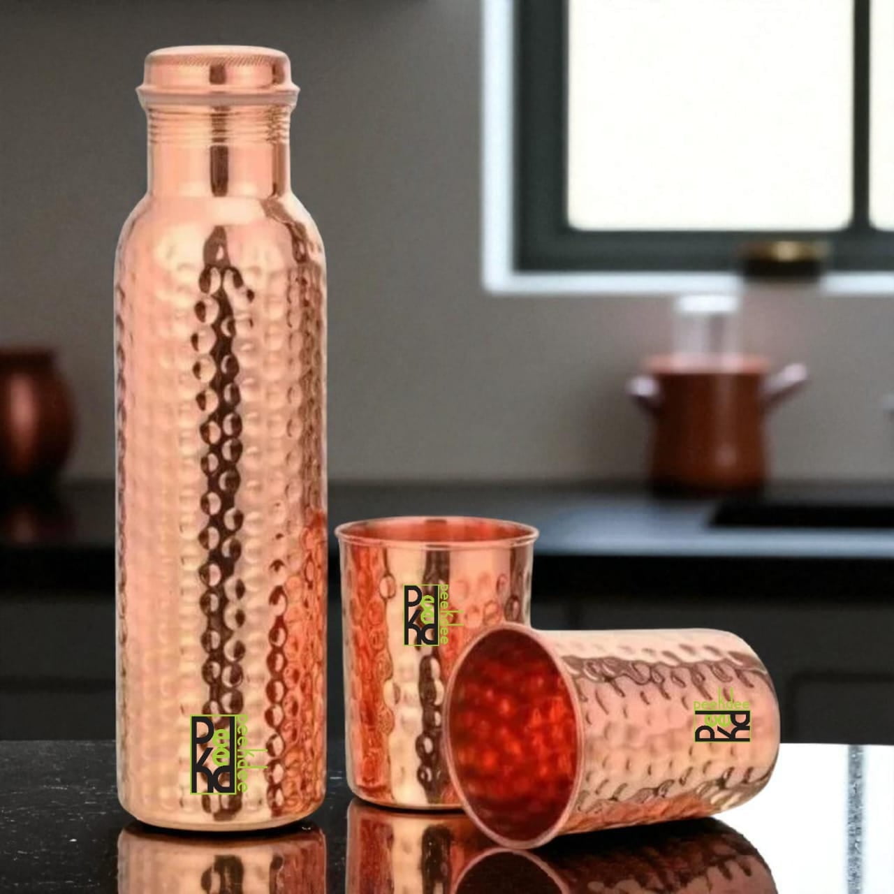 Peekdee Pure Copper Hammered Water Bottle 1000 ml with 2 Drinking Ware ...