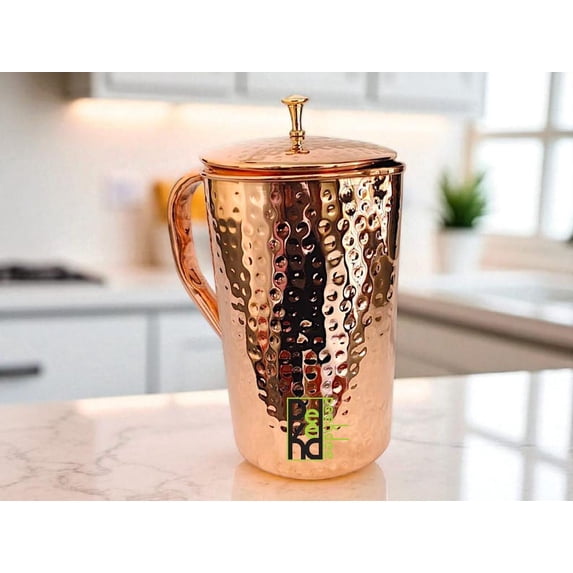 Peekdee Pure Copper Water Pitcher 1500 ML Hammered Nob Jug Handcrafted ...