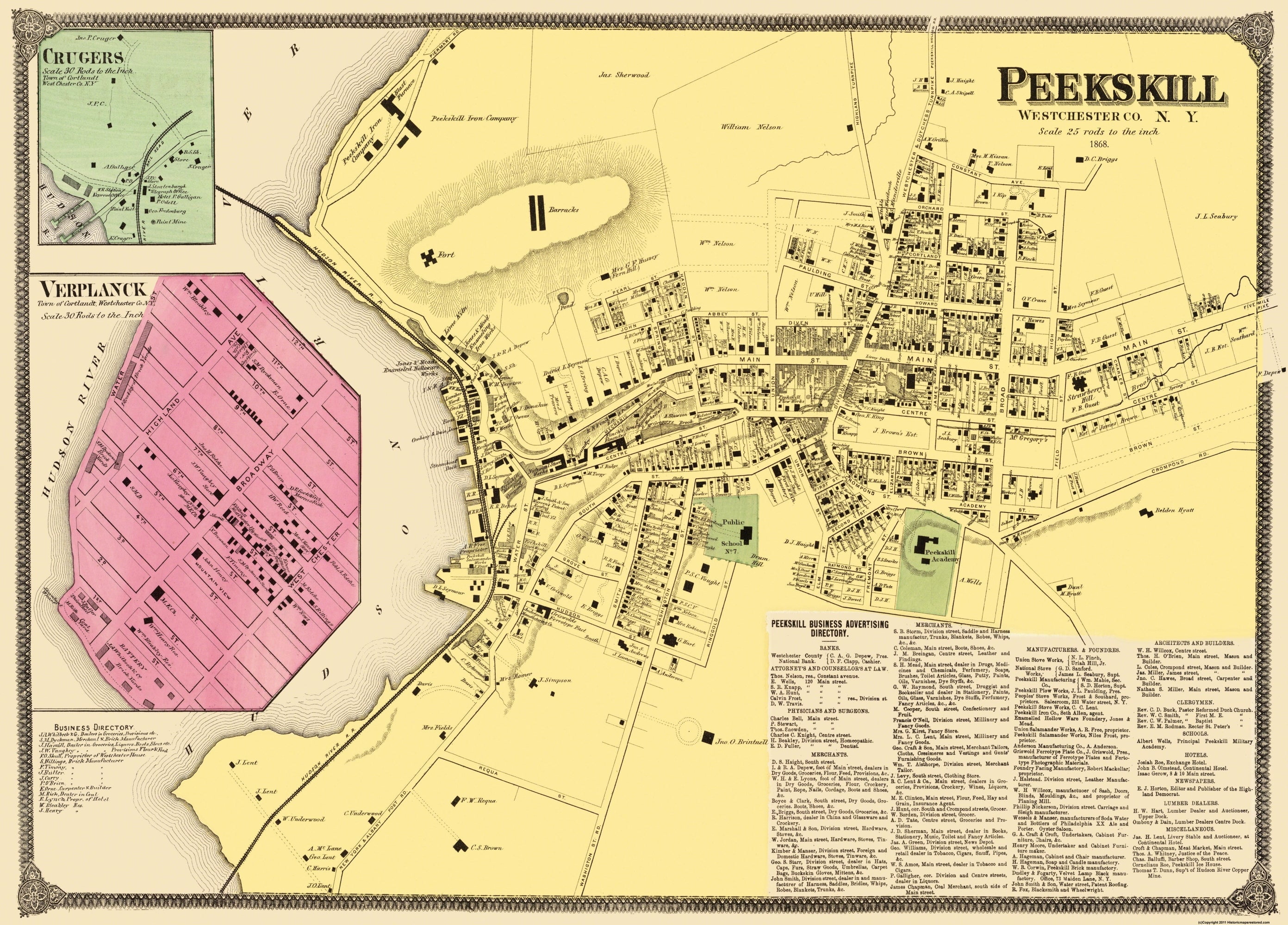 Historic City Map - Peekskill New York - Beers 1868 - 32 x 23 - Vintage ...