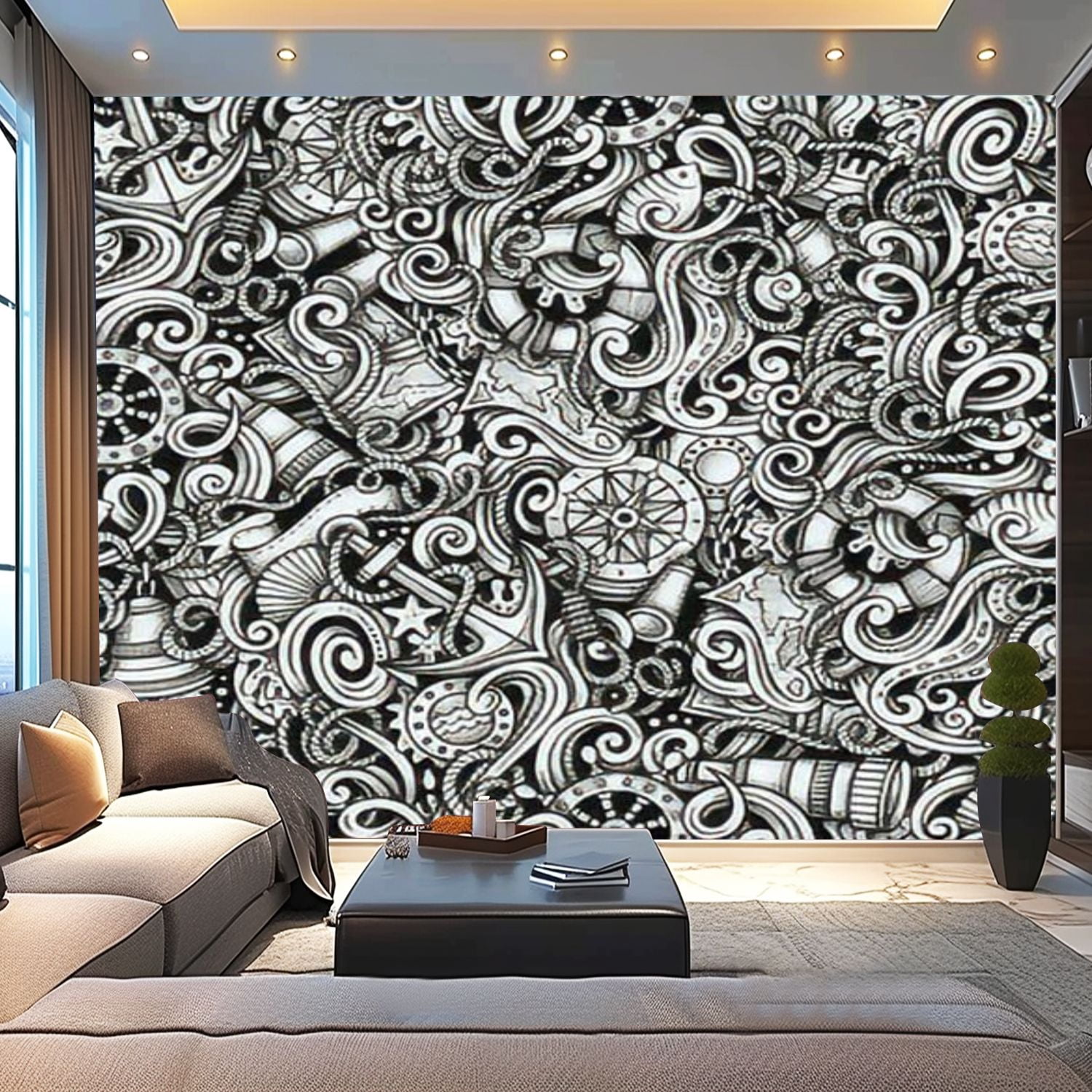 Peel and Stick Canvas Wallpaper Cartoon hand drawn doodles Nautical ...
