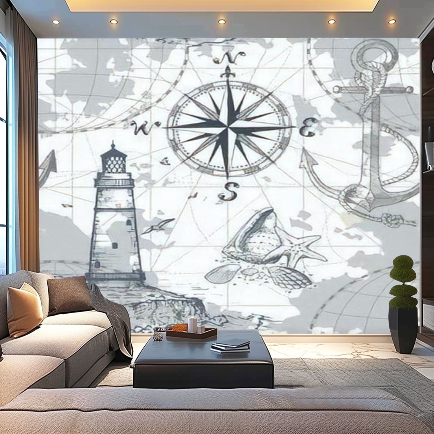 Peel and Stick Canvas Wallpaper Hand drawn seamless sea map compass ...