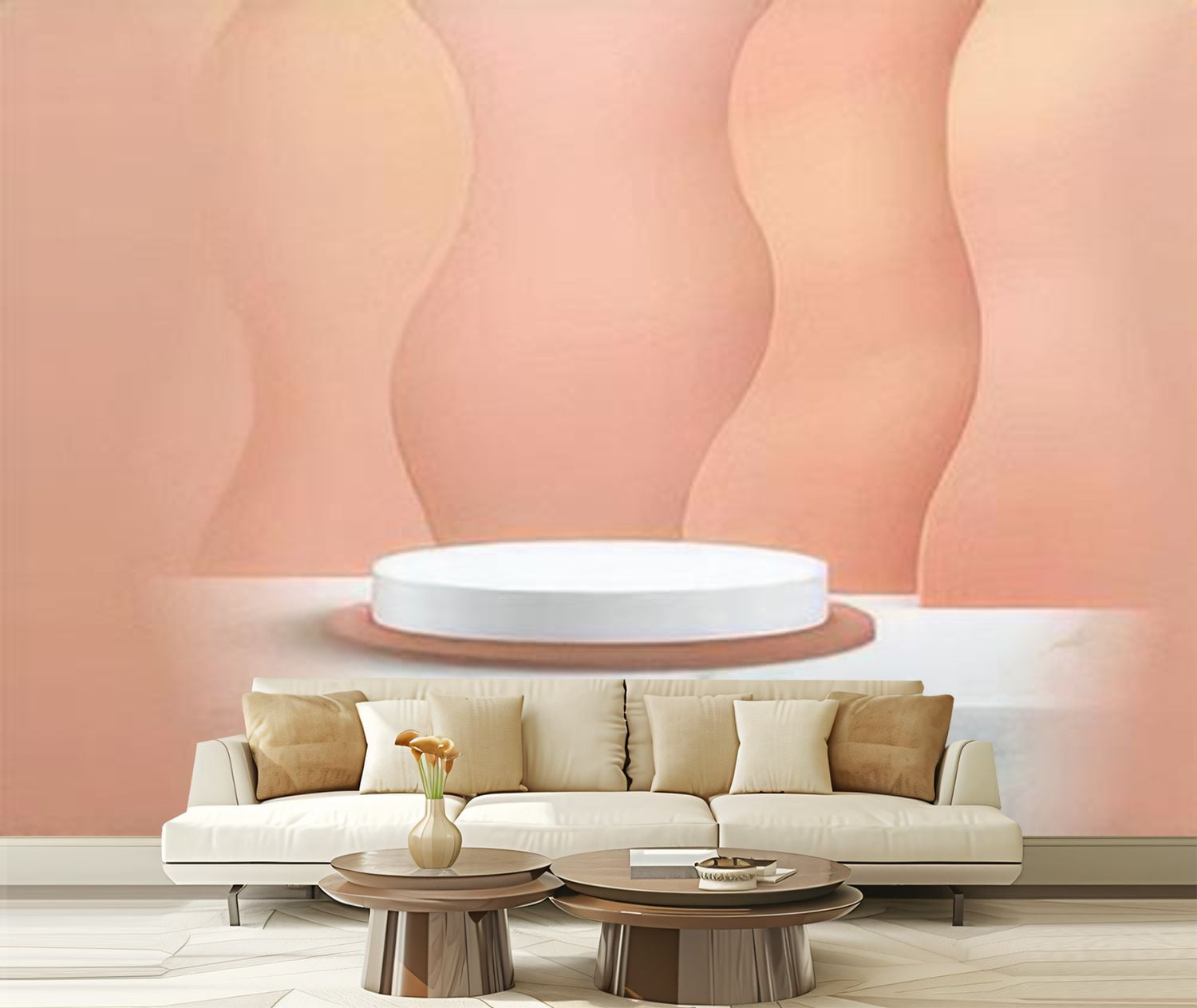 Peel and Stick Canvas Wallpaper Modern white marble cylinder podium soft pink empty room wave ...