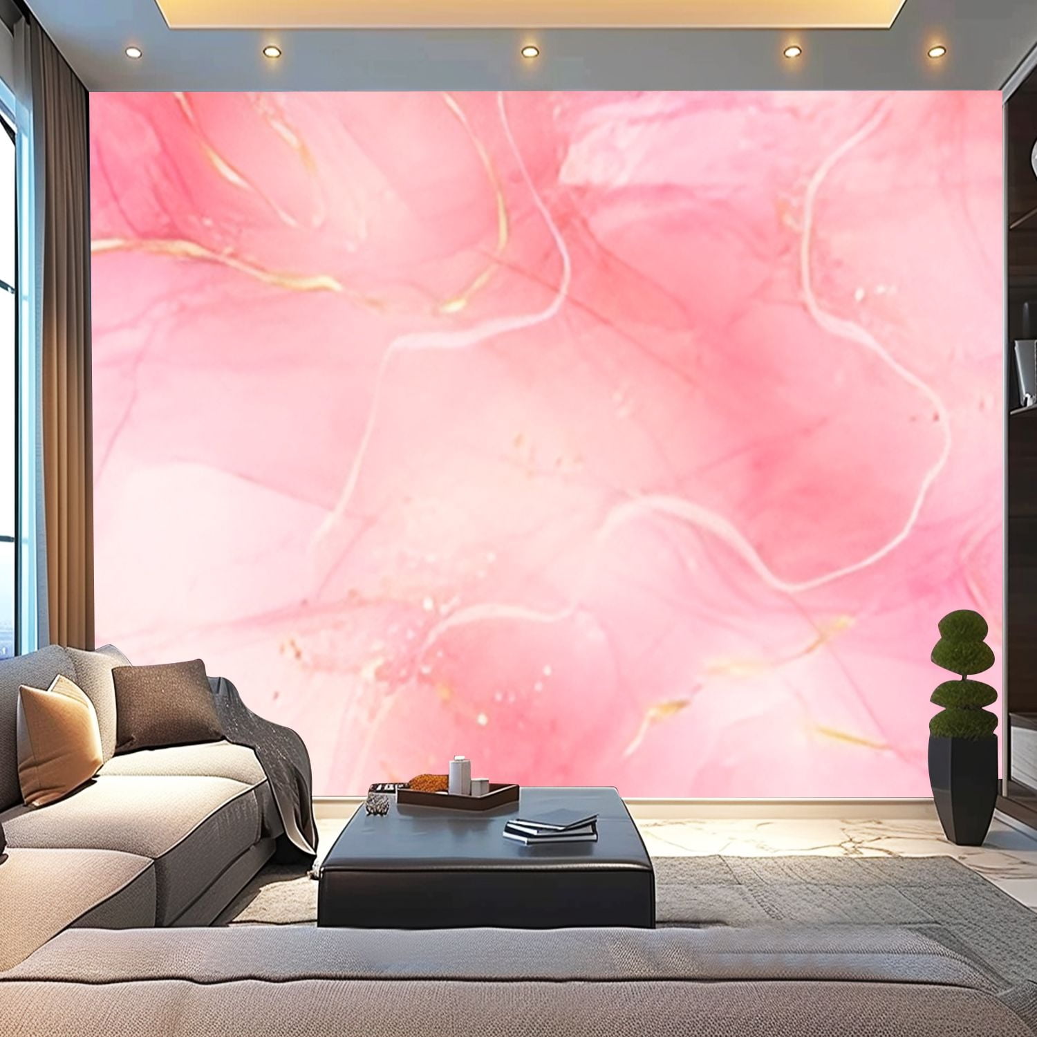 Peel and Stick Canvas Wallpaper Rose pink liquid watercolor golden dots ...