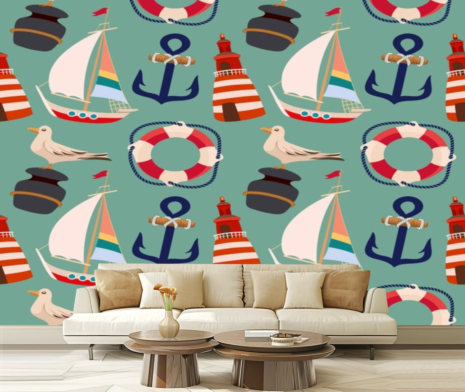Peel and Stick Canvas Wallpaper Seashore Retro Seamless Pattern Cartoon ...