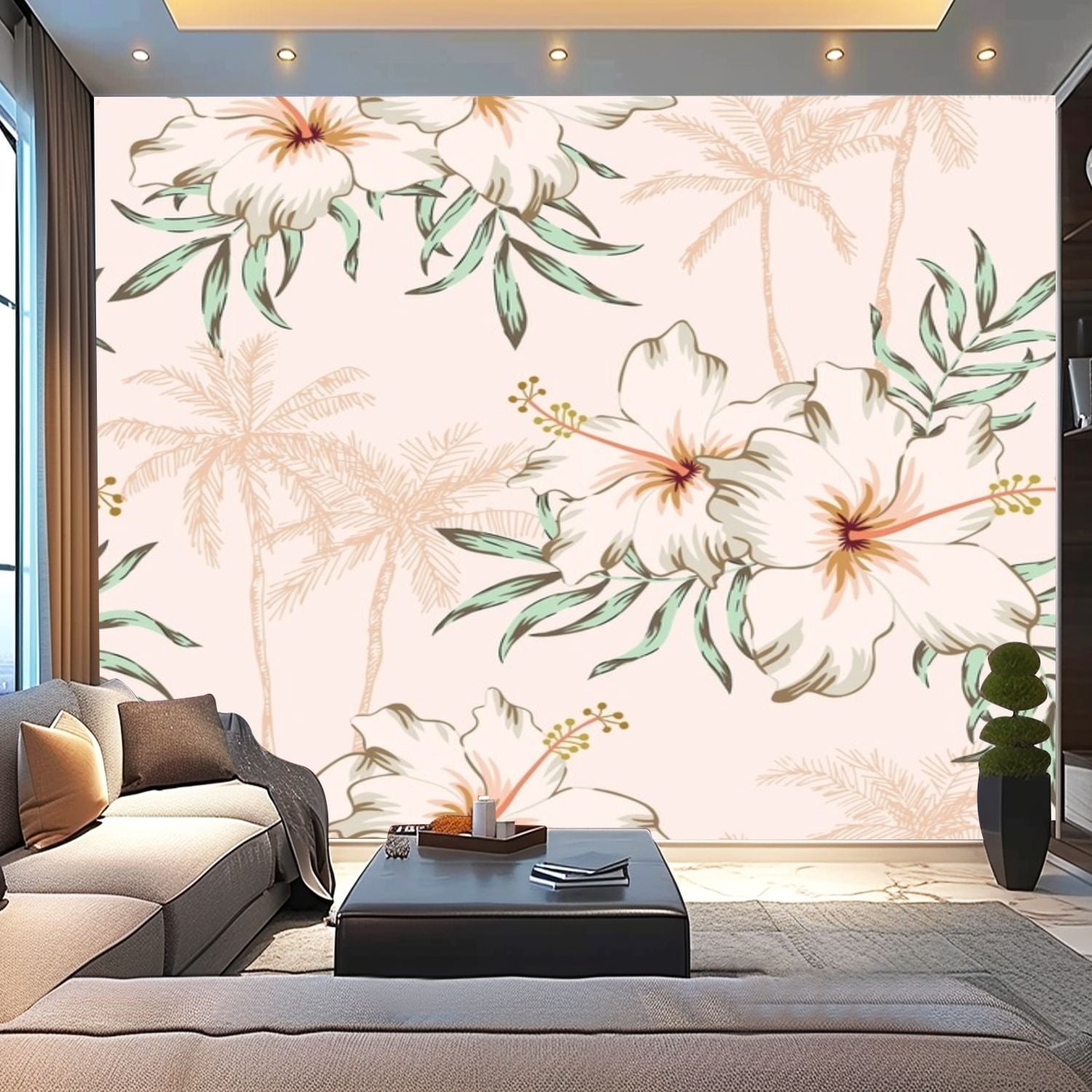 Peel and Stick Canvas Wallpaper Tropical hibiscus flowers green leaves ...