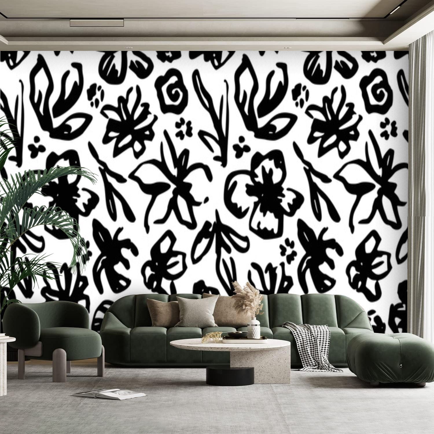 Peel and Stick Canvas Wallpaper Wall Mural Abstract Black White Floral ...