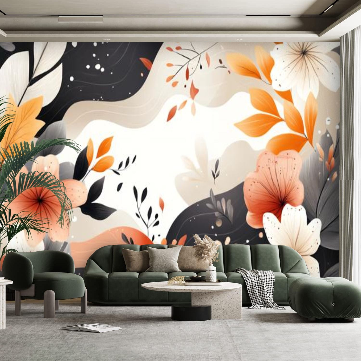 Peel and Stick Canvas Wallpaper Wall Mural Black Abstract Shapes Floral ...