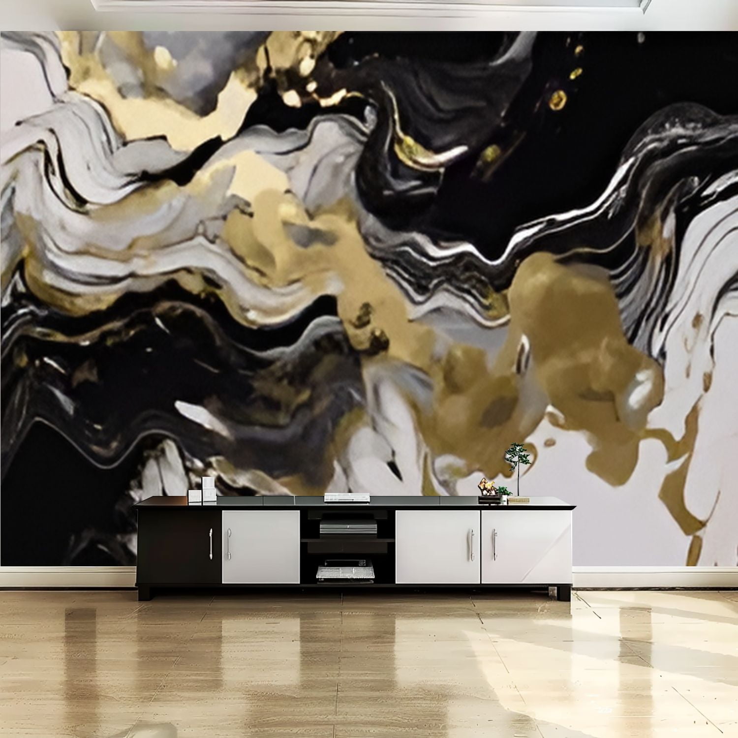 Peel and Stick Canvas Wallpaper Wall Mural Black White liquid marble ...