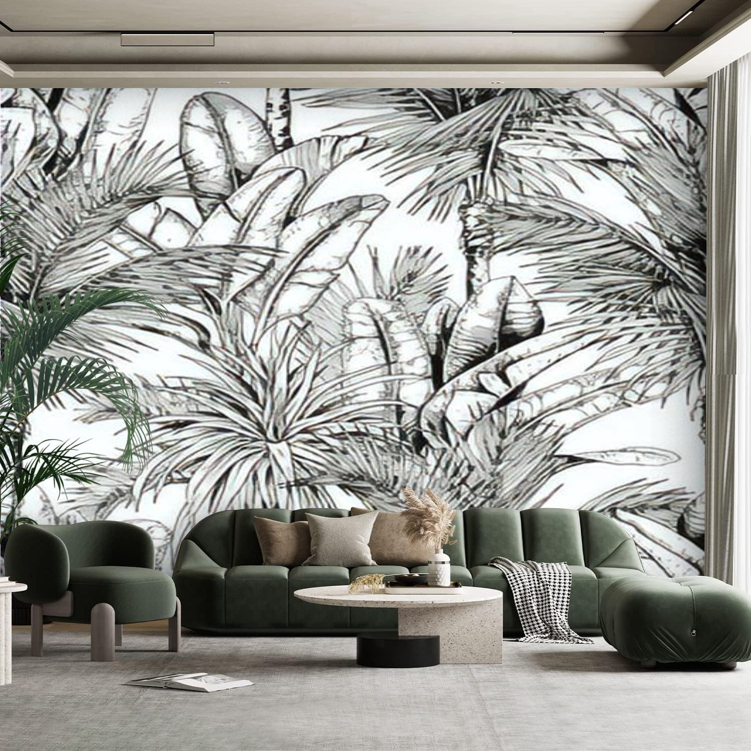 Peel and Stick Canvas Wallpaper Wall Mural Black white tropical pattern ...
