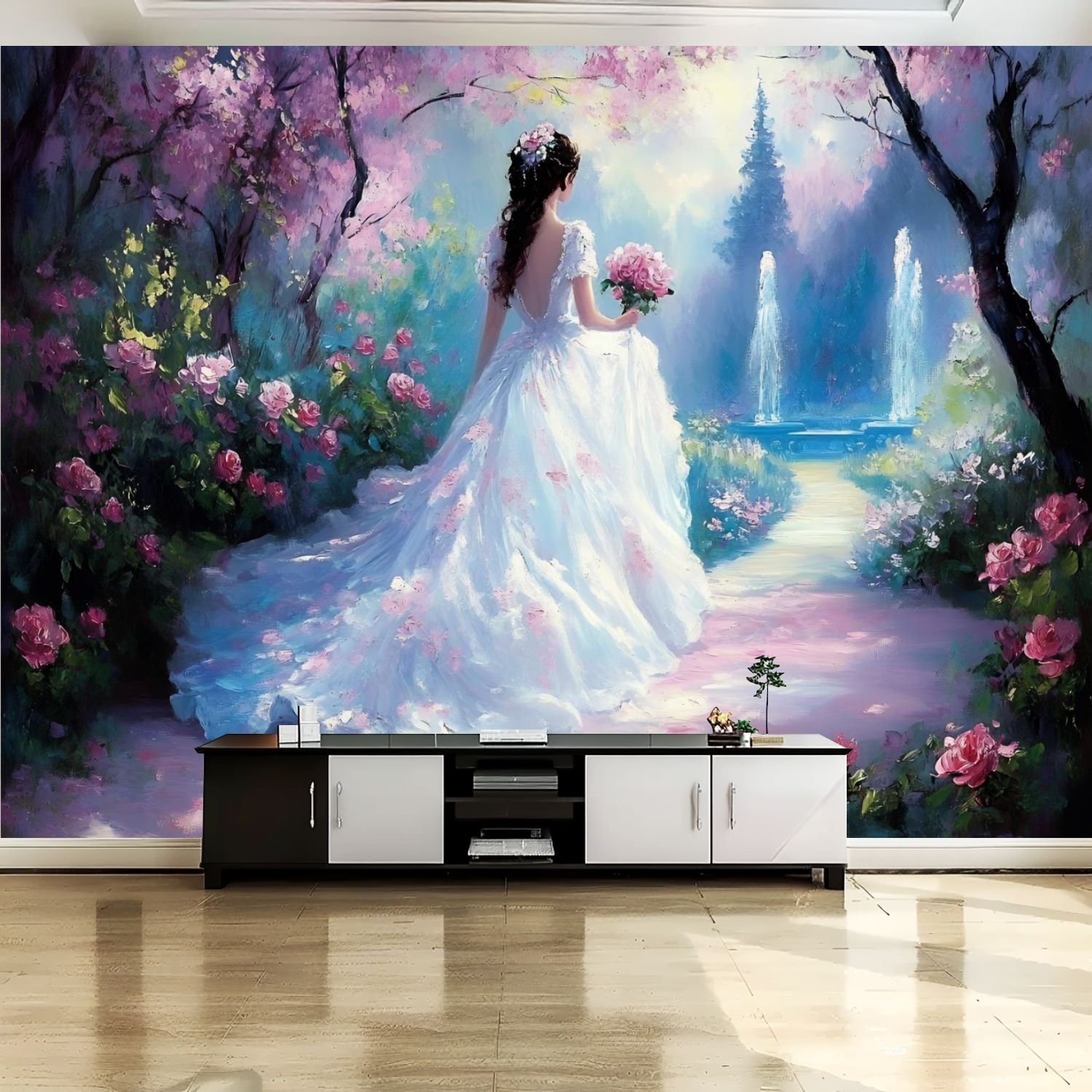 Peel and Stick Canvas Wallpaper Wall Mural Blooming Roses Manor Dream ...