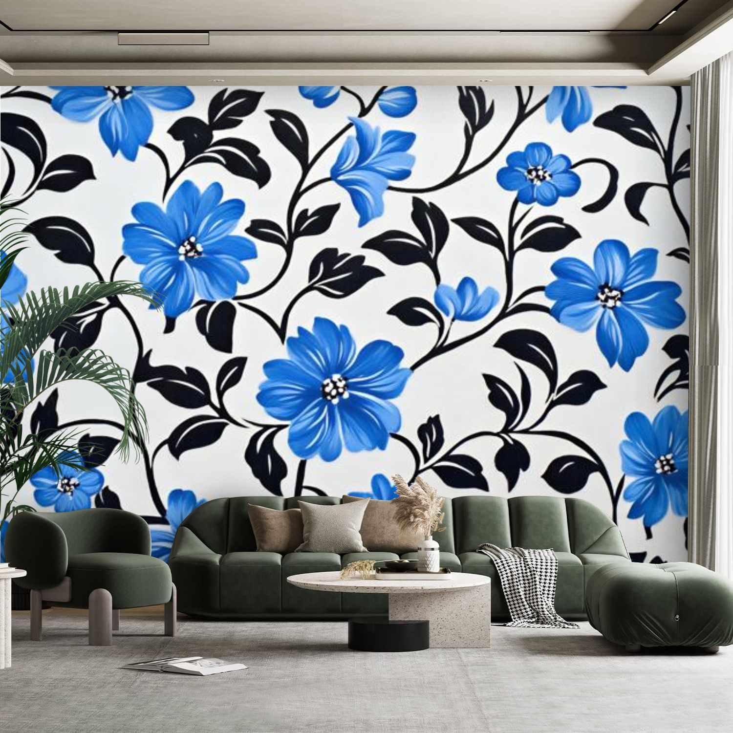 Peel and Stick Canvas Wallpaper Wall Mural Blue Damsel Floral Motifs ...