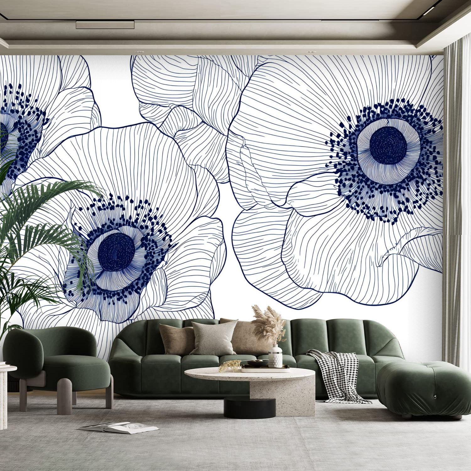 Peel and Stick Canvas Wallpaper Wall Mural Blue Flowers Petals Linear ...