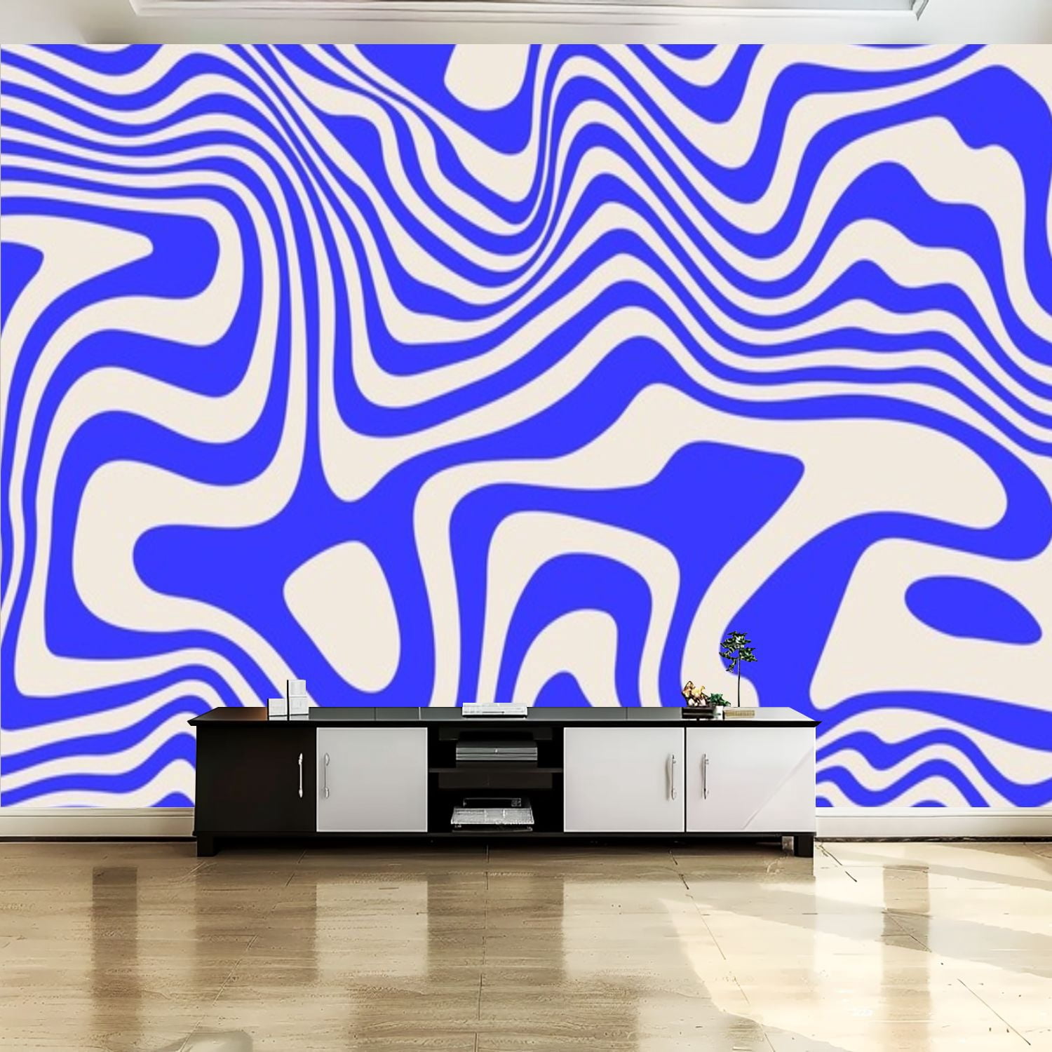 Peel and Stick Canvas Wallpaper Wall Mural Blue wavy lines abstract ...