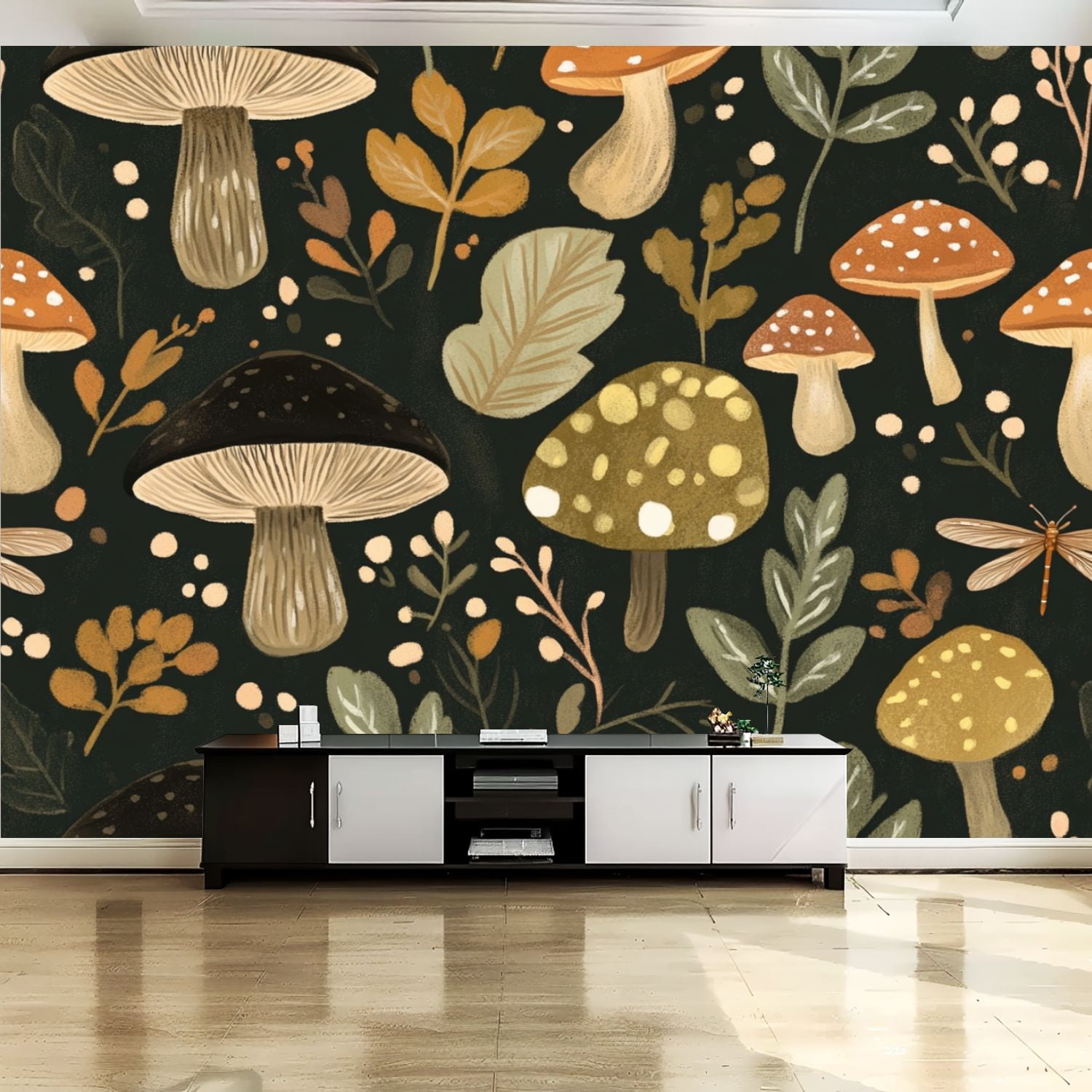 Peel and Stick Canvas Wallpaper Wall Mural Boho Mushroom Forest Black ...