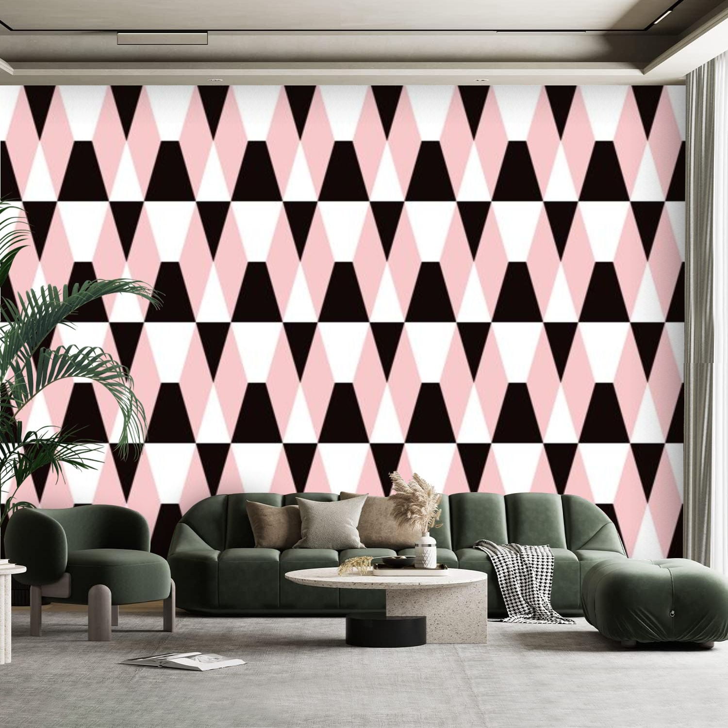 Peel and Stick Canvas Wallpaper Wall Mural Bold geometric seamless tiled black pink white Retro ...