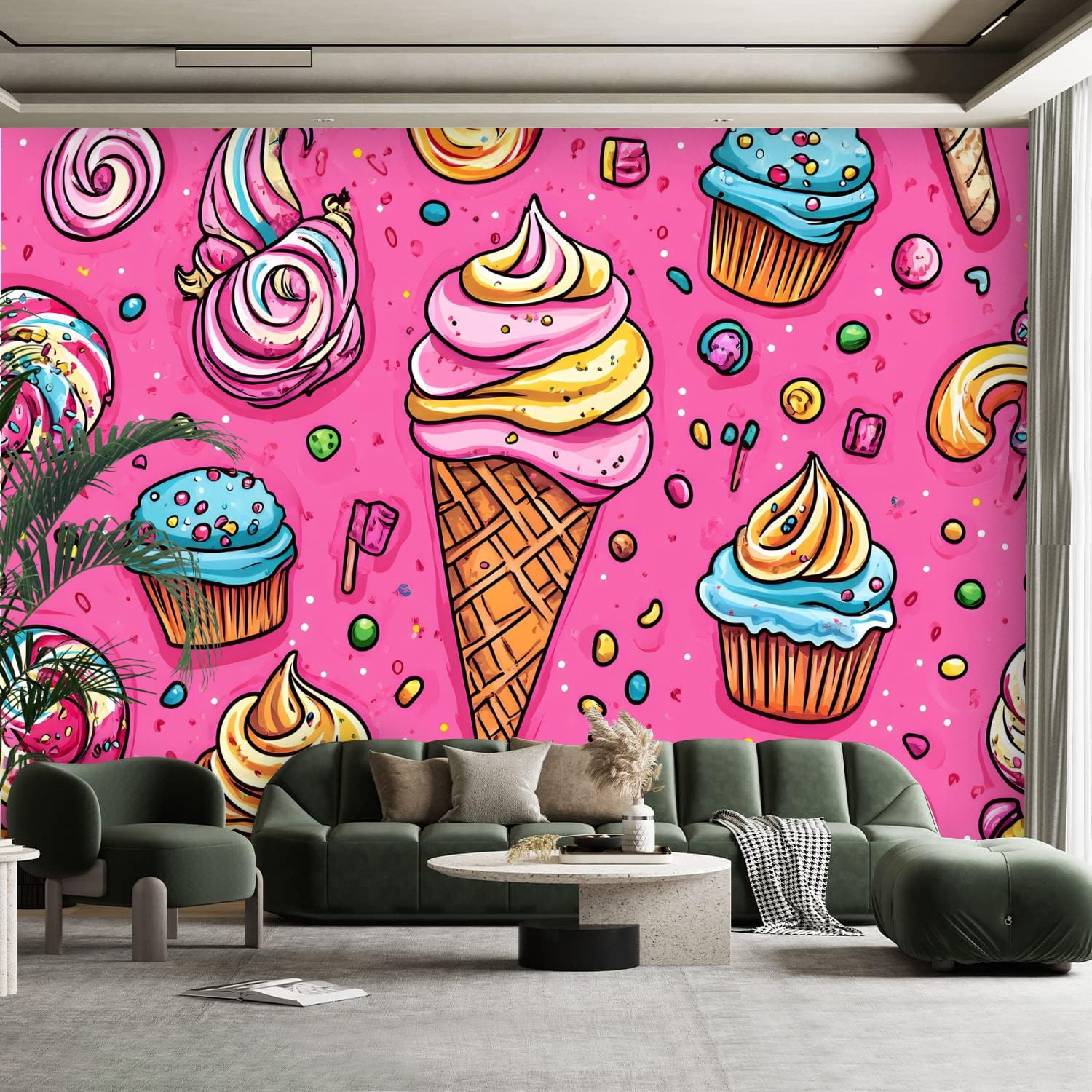 Peel and Stick Canvas Wallpaper Wall Mural Cartoon Hand Drawn Ice Cream ...