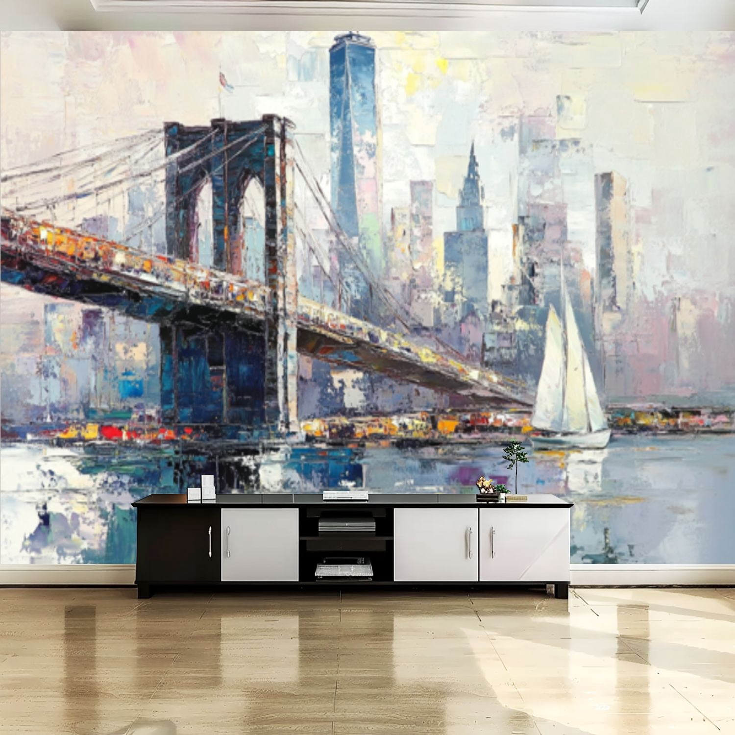 Peel and Stick Canvas Wallpaper Wall Mural Cityscape Abstract Brooklyn ...