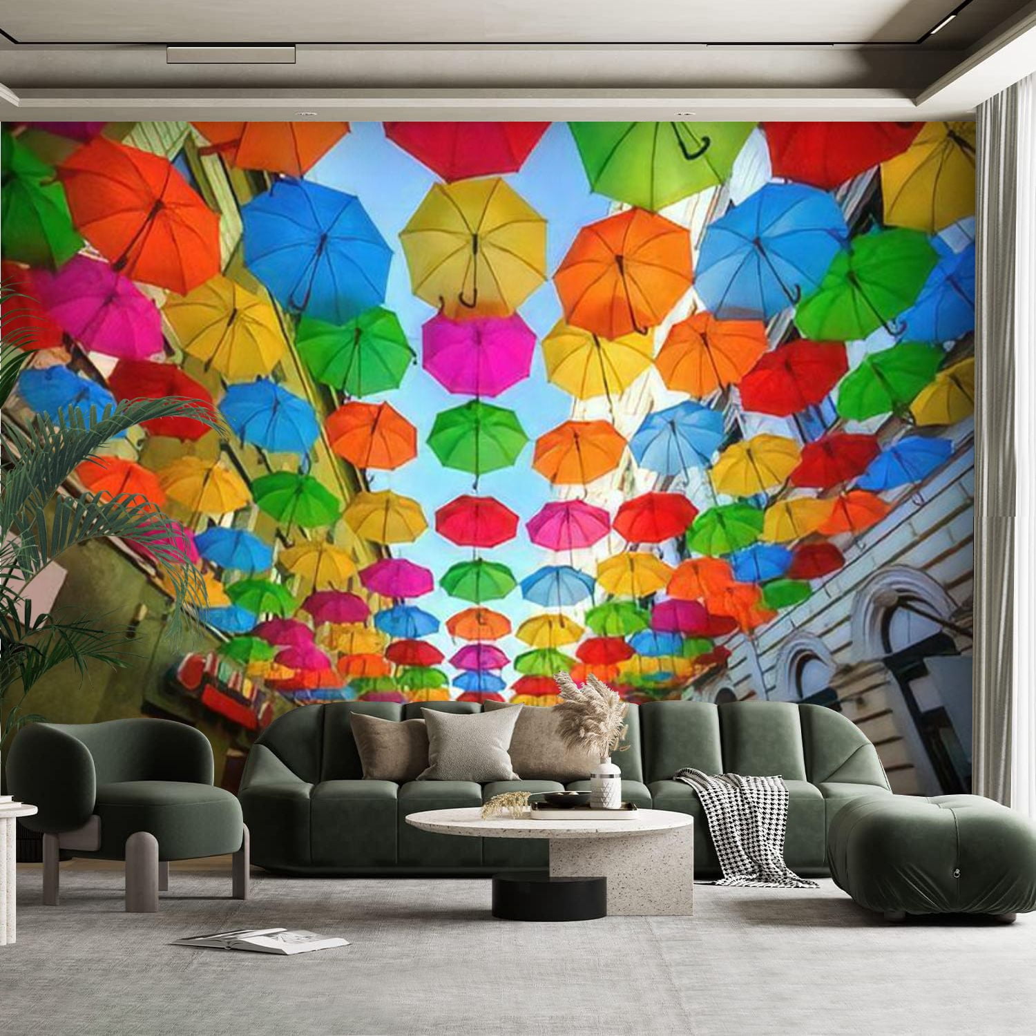 Peel and Stick Canvas Wallpaper Wall Mural Colorful umbrellas hanging ...