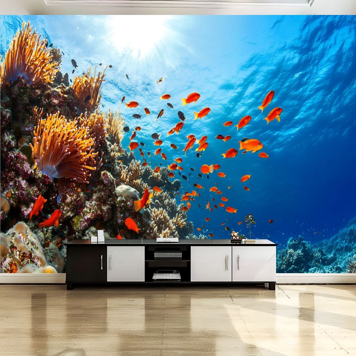 Peel and Stick Canvas Wallpaper Wall Mural Coral Reefs Marine Life Fish ...